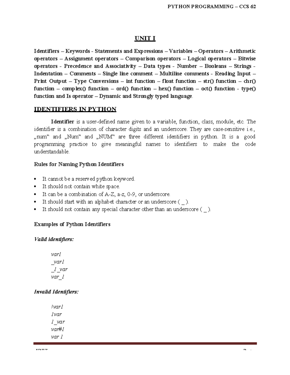 UNIT I Python - UNIT I Identifiers – Keywords - Statements and Expressions – Variables ...