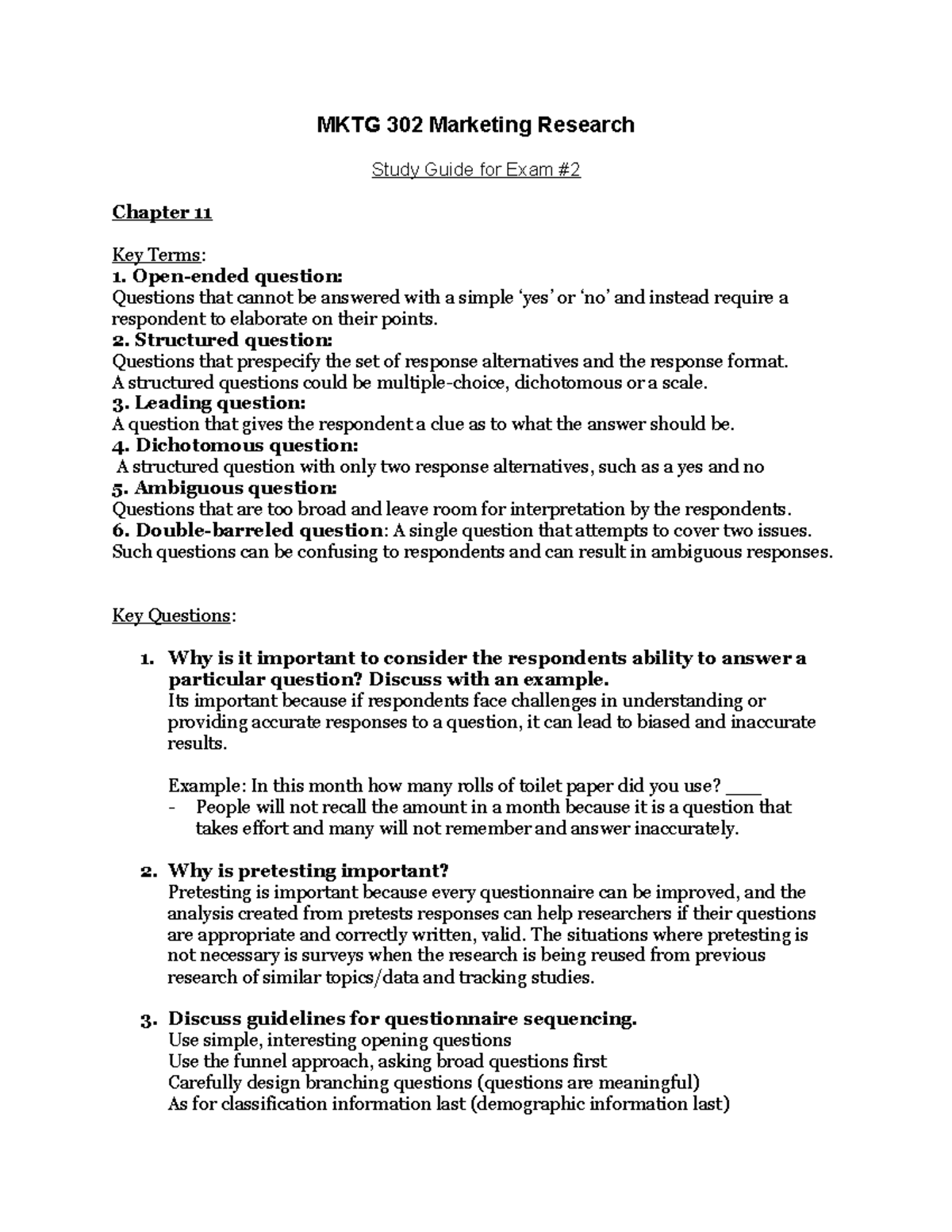 Study Guide Exam 2 - MKTG 302 Marketing Research Study Guide for Exam ...