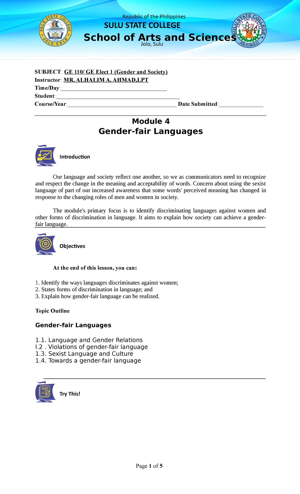 Gender module 4 - Ge110 - SUBJECT: GE 110/ GE Elect 1 (Gender and ...