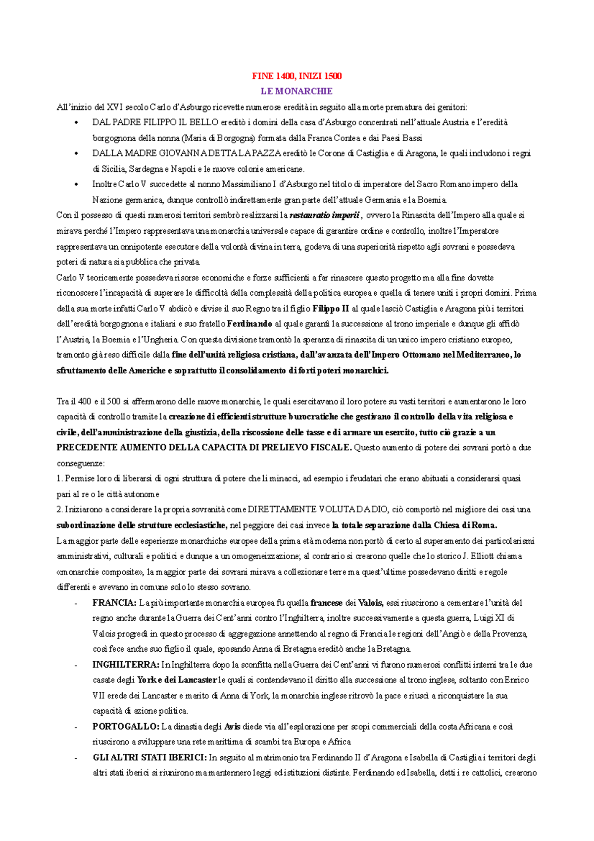Riassunto mio - FINE 1400, INIZI 1500 LE MONARCHIE All’inizio del XVI ...
