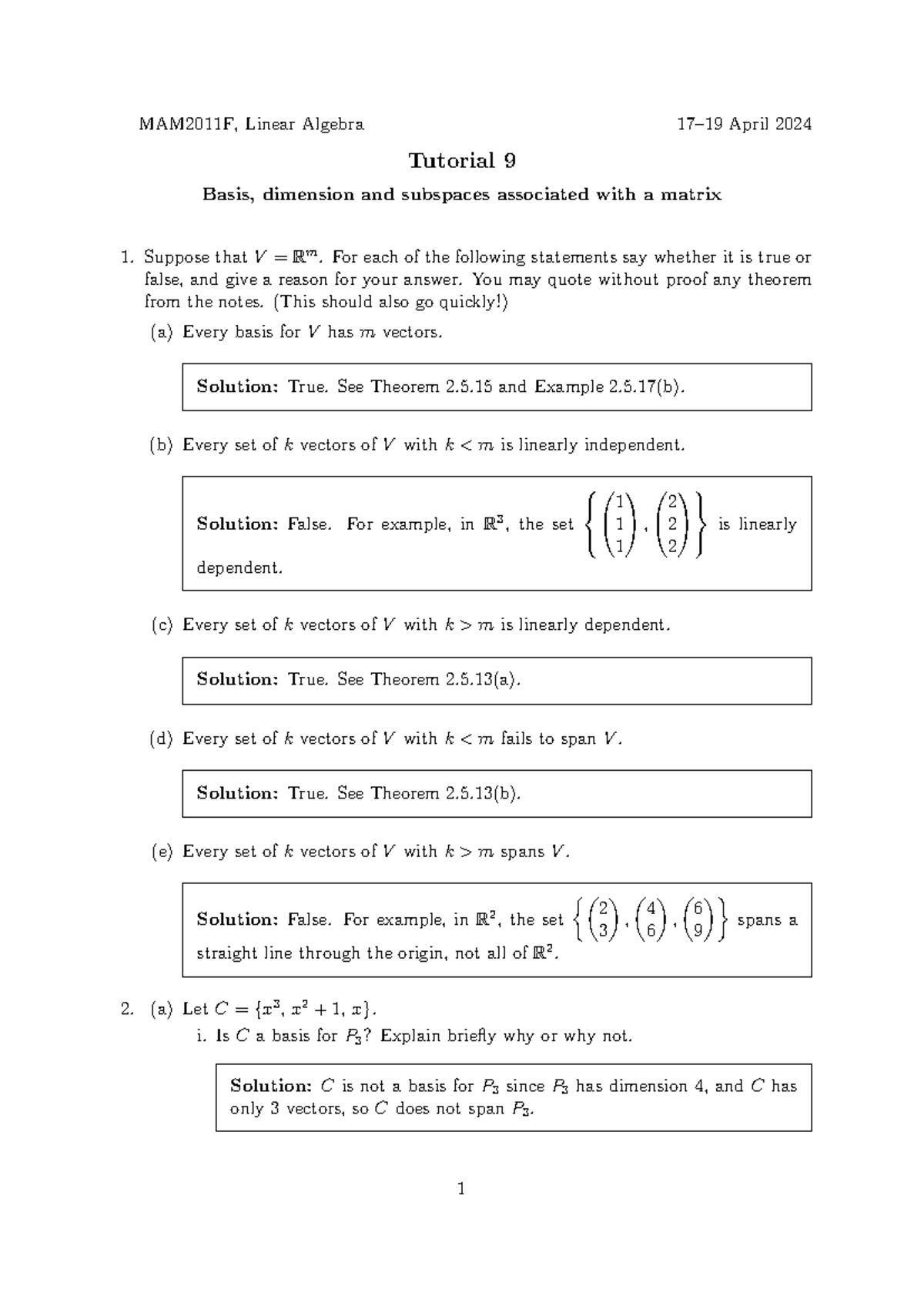 Tutorial 09 - Solutions - MAM2011F, Linear Algebra 17–19 April 2024 ...