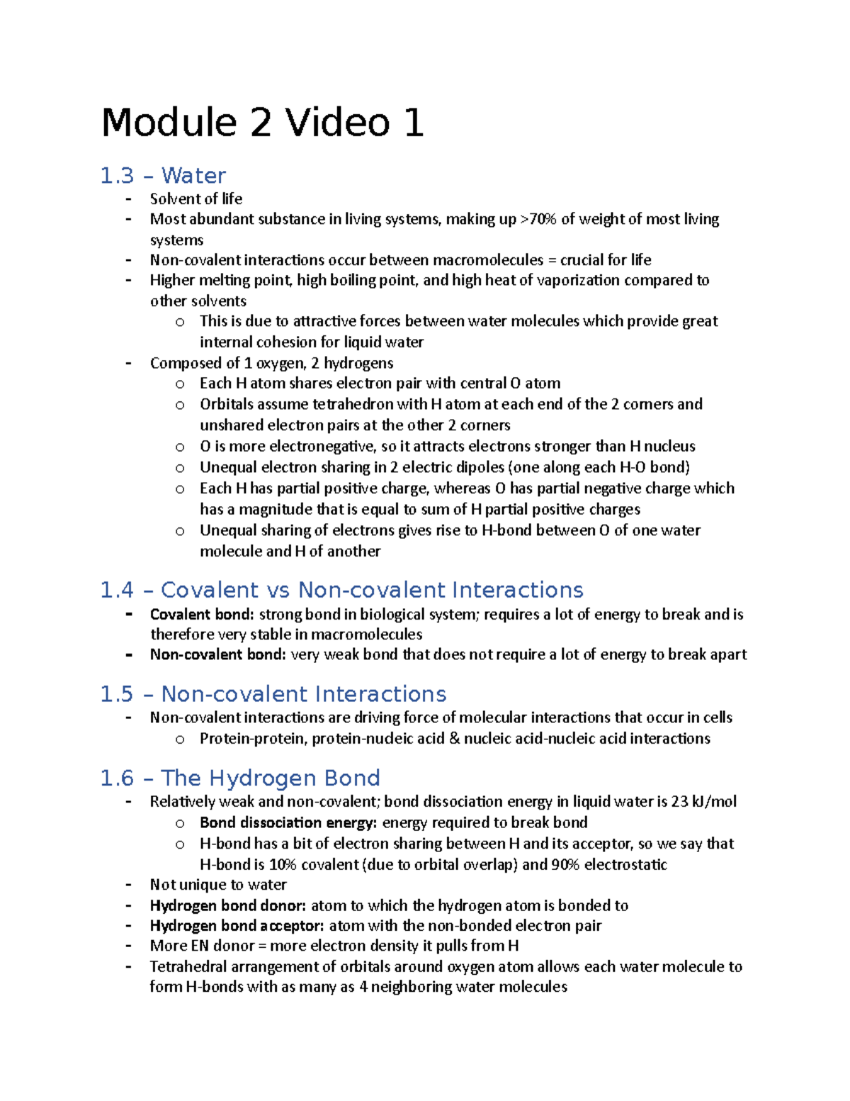 Module 2 Notes - Module 2 Video 1 1 – Water Solvent of life Most ...