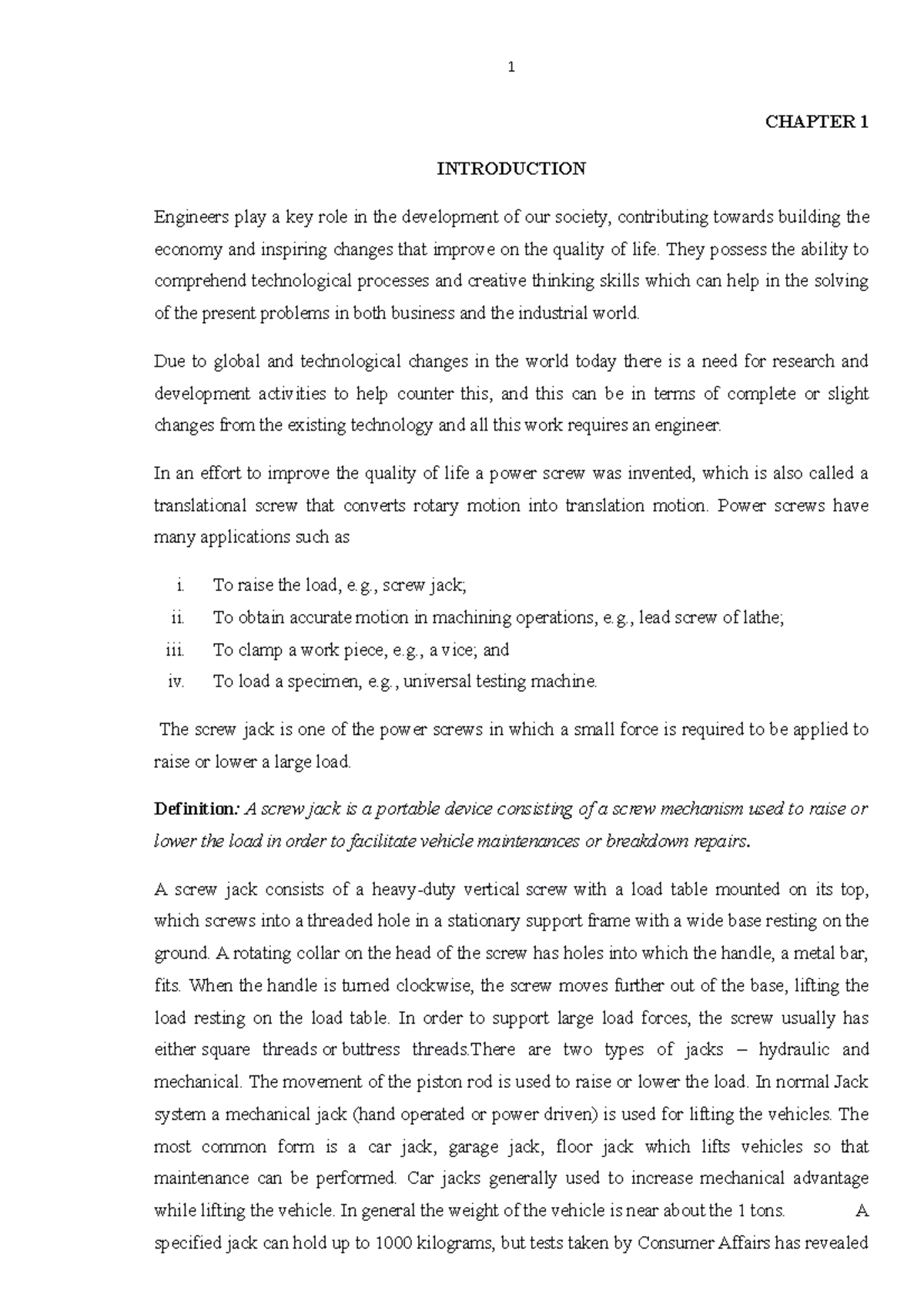 Mini Project Screw Jack 2 - CHAPTER 1 INTRODUCTION Engineers play a key ...