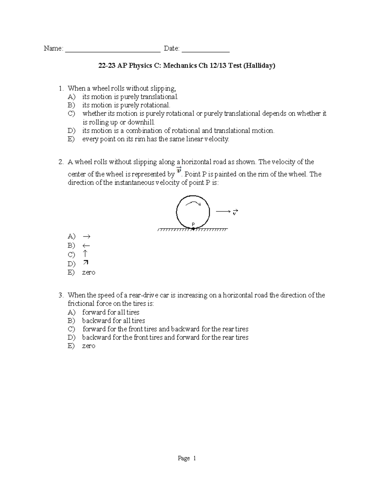 AP Physics C Quiz - Name: __________________________ Date ...