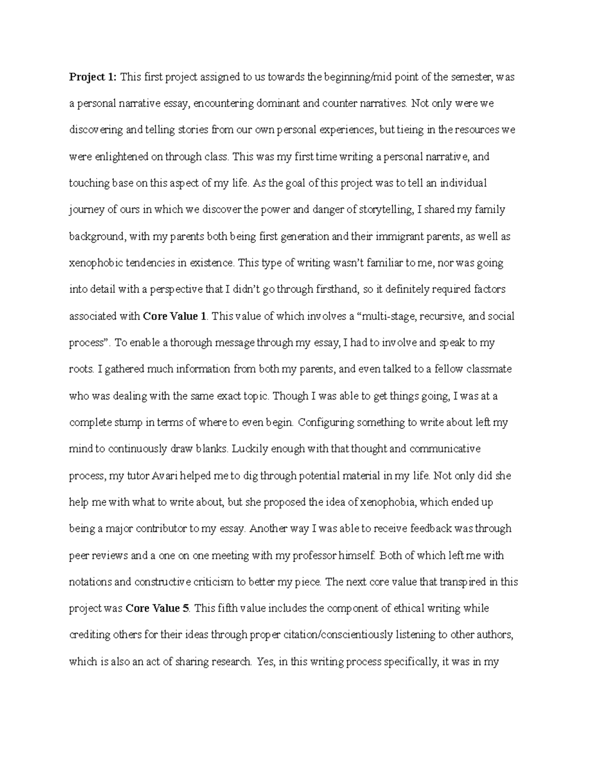 Core Values Reflective Essay-2 - Project 1: This first project assigned ...