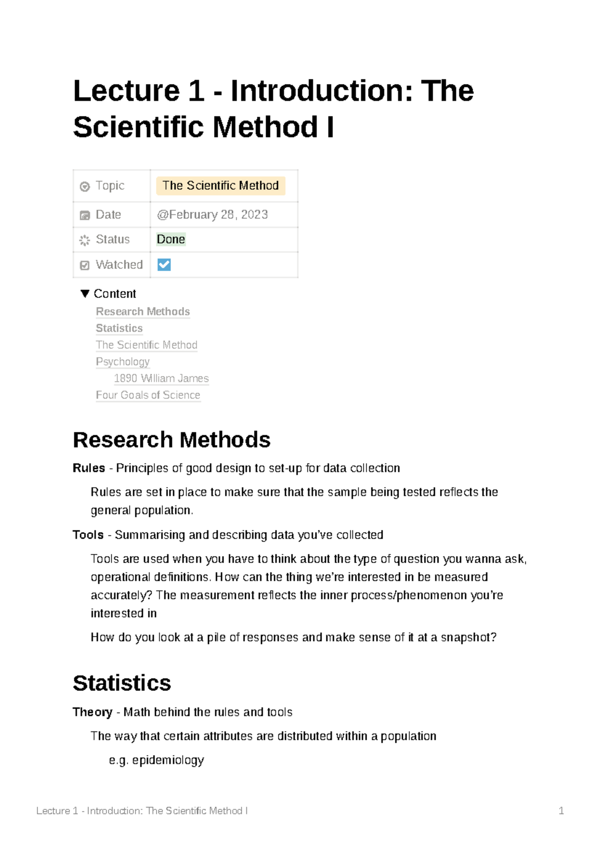 Lecture 1 - Introduction The Scientific Method I - Tools - Summarising ...