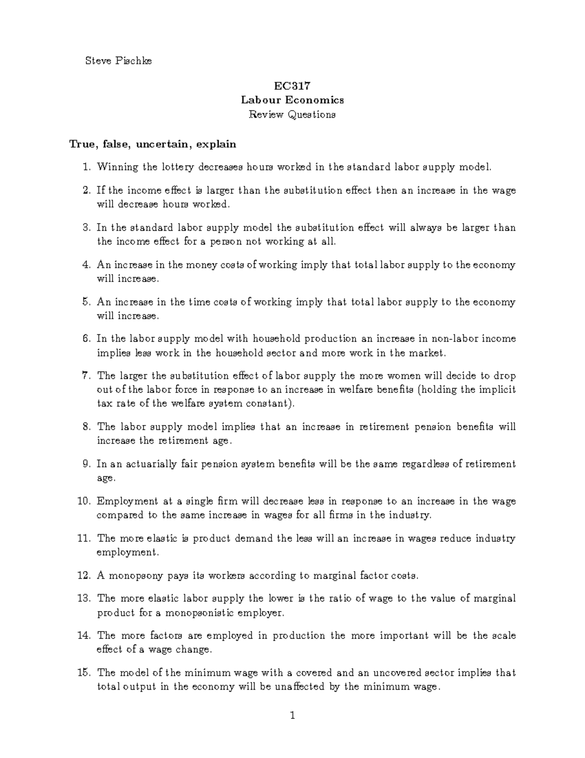 EC317 2008 Review Questions - Steve Pischke EC Labour Economics Review ...