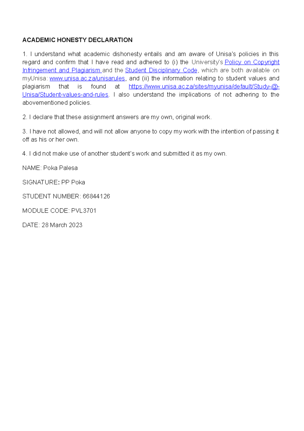 Declaration - Honesty - ACADEMIC HONESTY DECLARATION I understand what ...