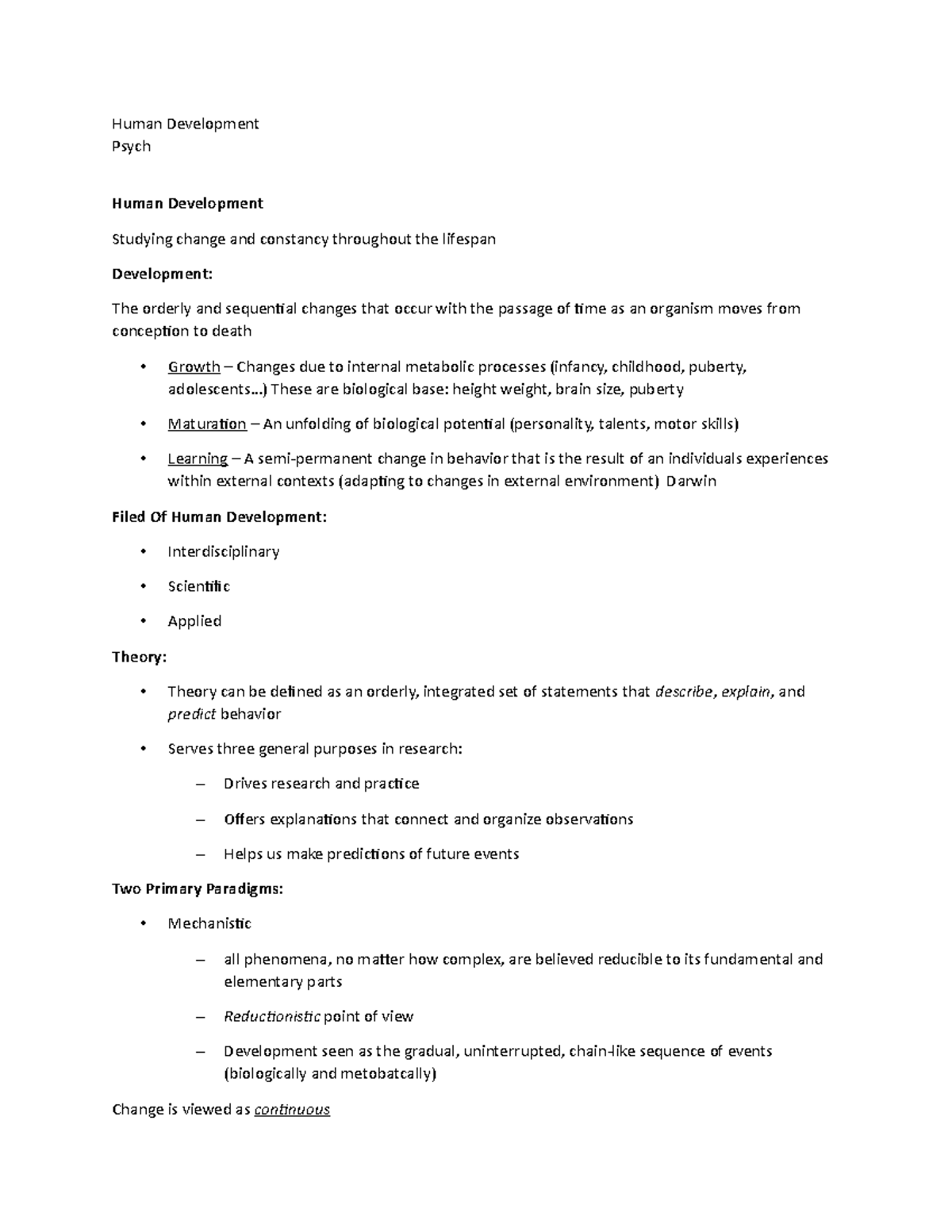 Chapter 1 Notes - Human Development Psych Human Development Studying ...