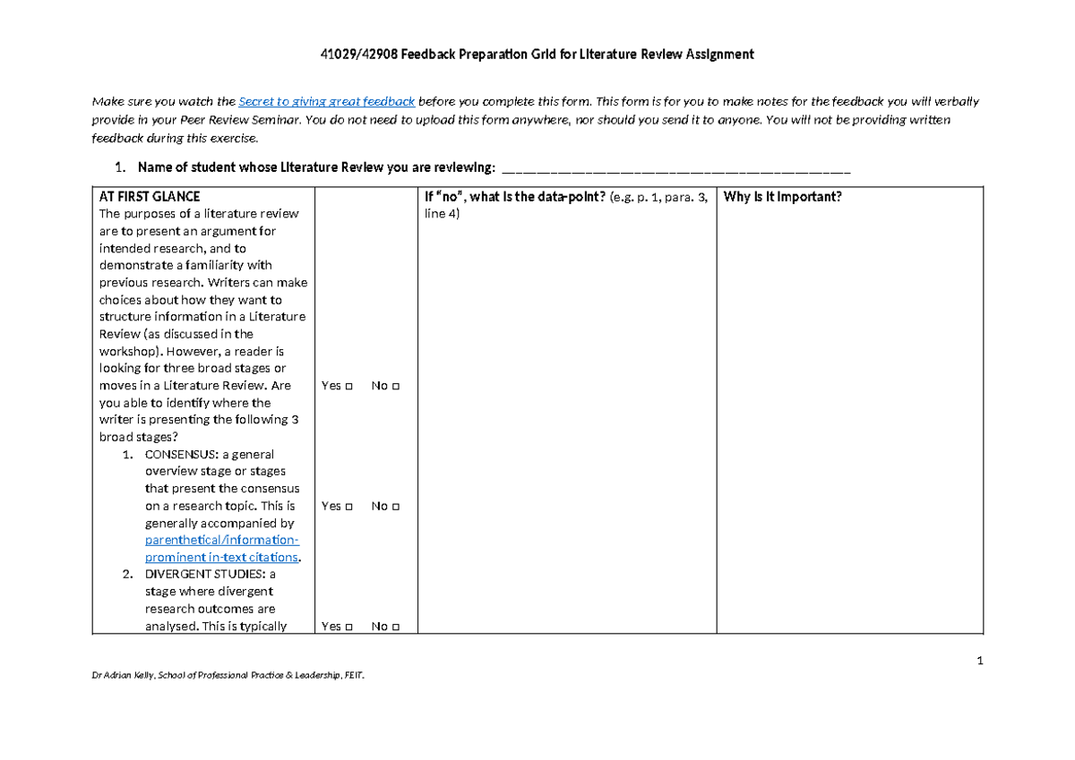 41029 42908 Feedback Preparation Grid for Literature Review - Make sure you watch the Secret to ...