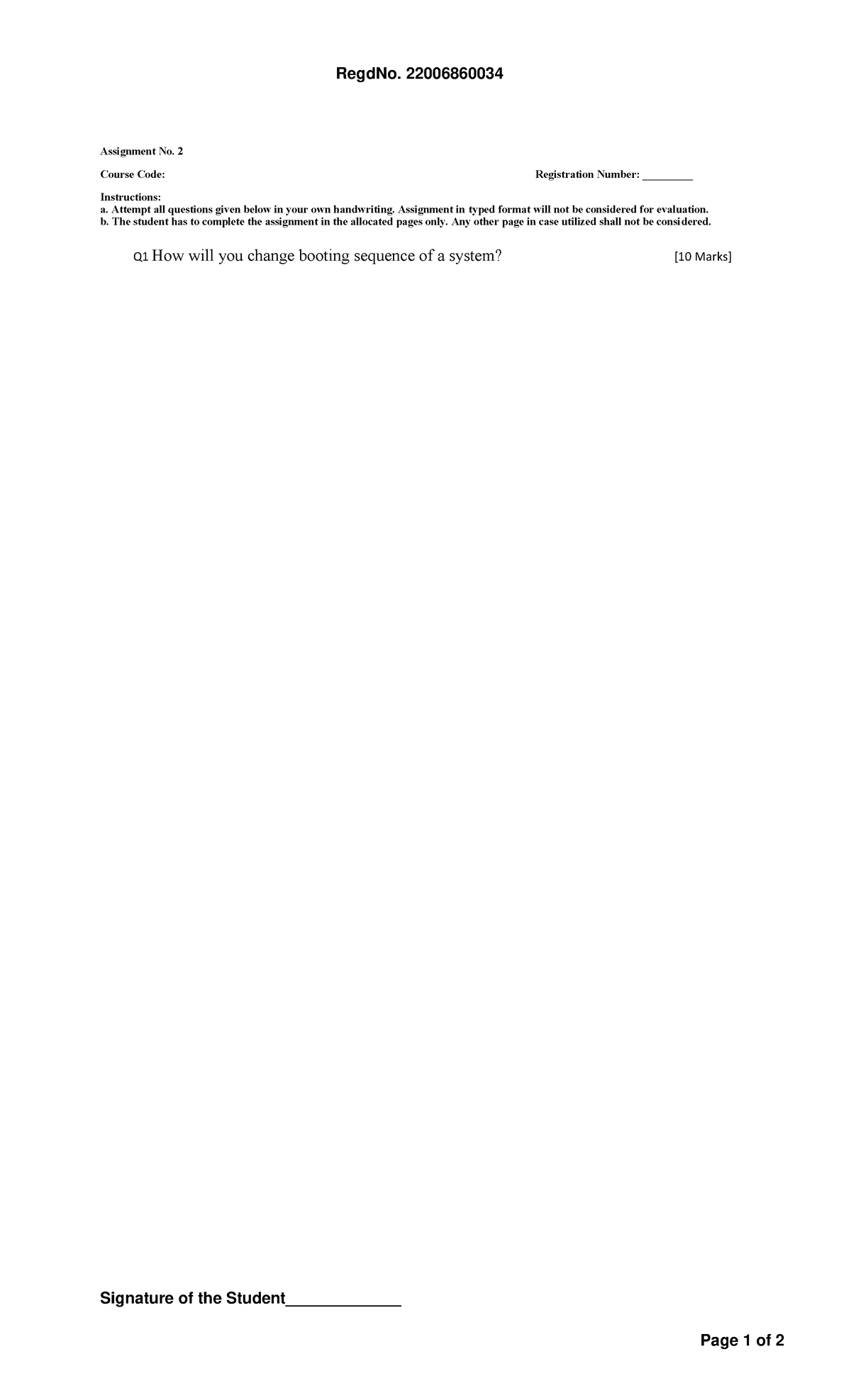 One - RegdNo. 22006860034 Assignment No. 2 Course Code: Registration Number ...