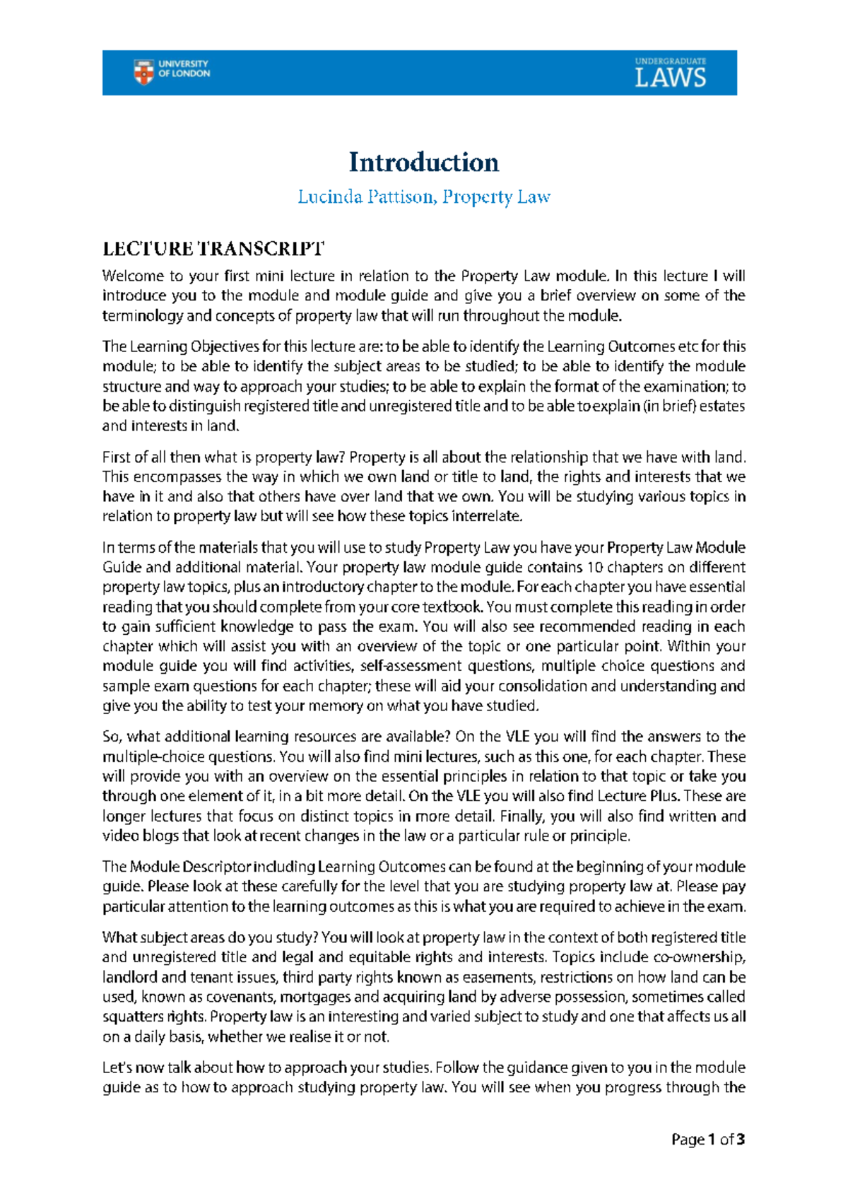Chapter 1 - Transcript - notes - Property law - Studocu
