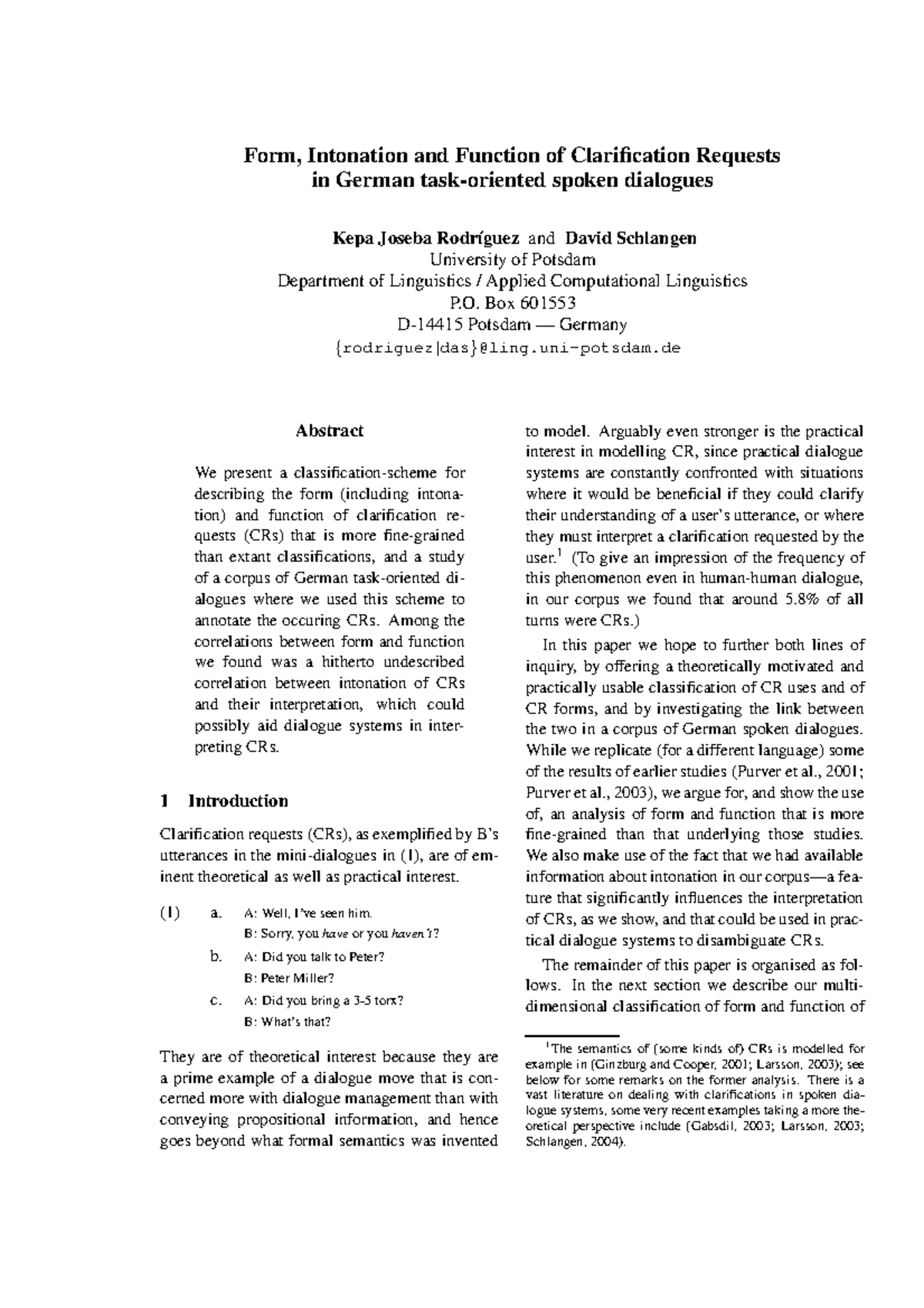 Form, Intonation and Function of Clarification Requests - Box 601553 D ...