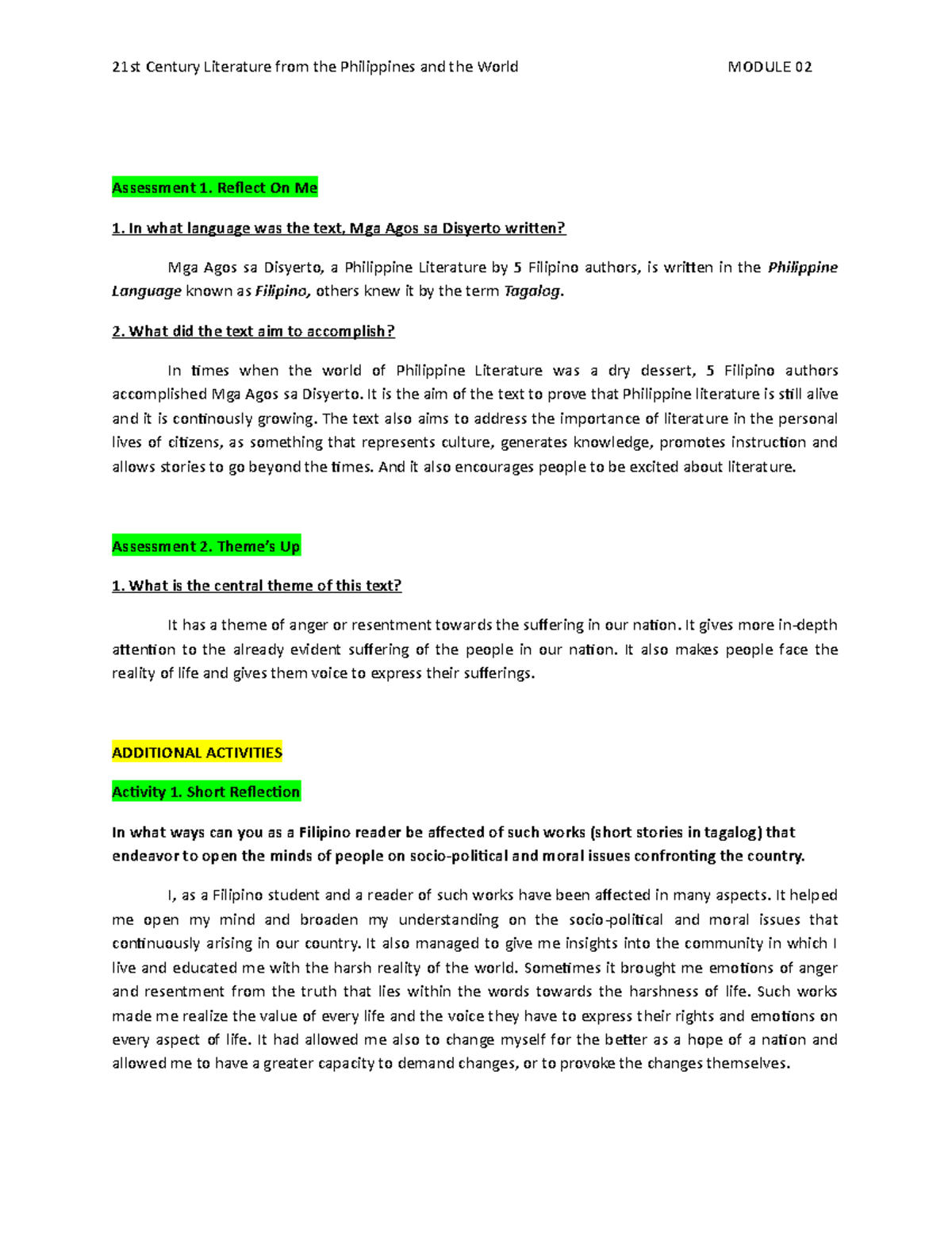 21st Century Literature Answer Sheet week 2 - Philippine Literature ...