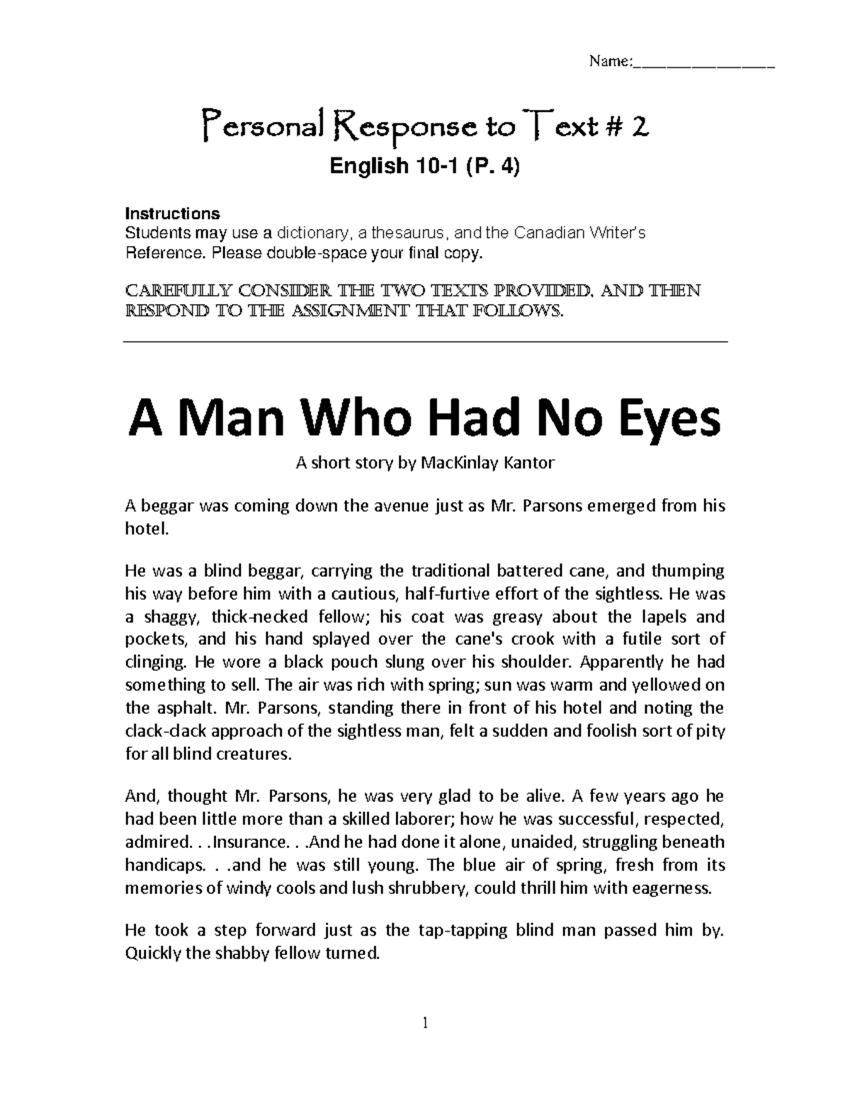 PRT (A Man Who Had No Eyes) - Personal Response to Text # 2 English 10 ...