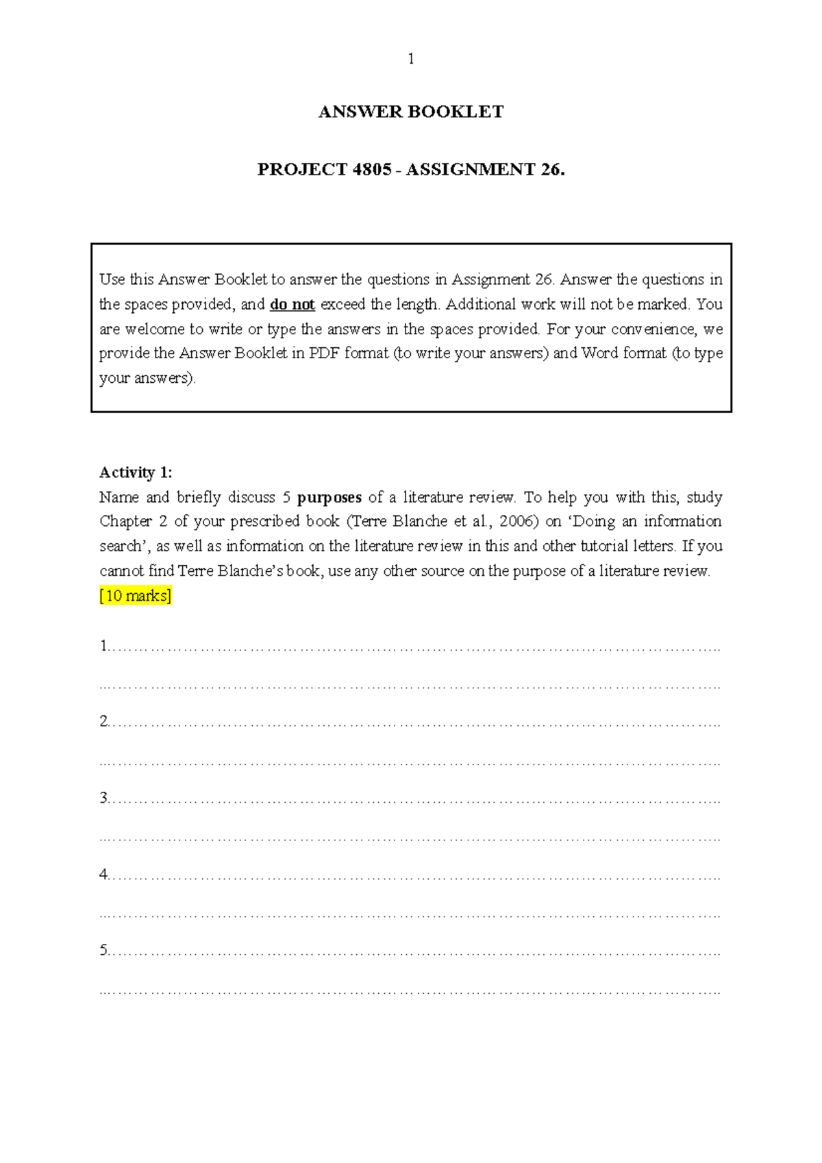 Answer Booklet - Assignment 26 - Project 4805 - ANSWER BOOKLET PROJECT 4805 - ASSIGNMENT 26. Use ...