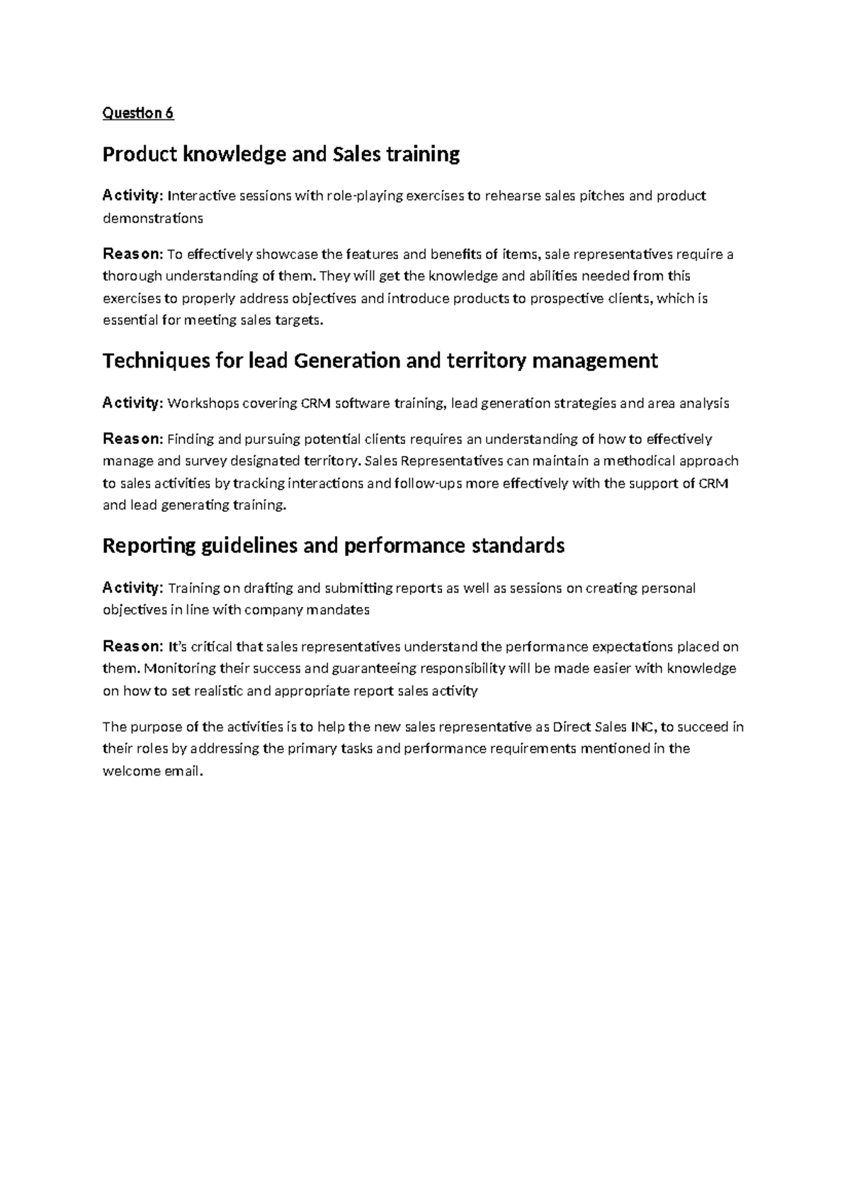 Question 6 business functions - Question 6 Product knowledge and Sales ...