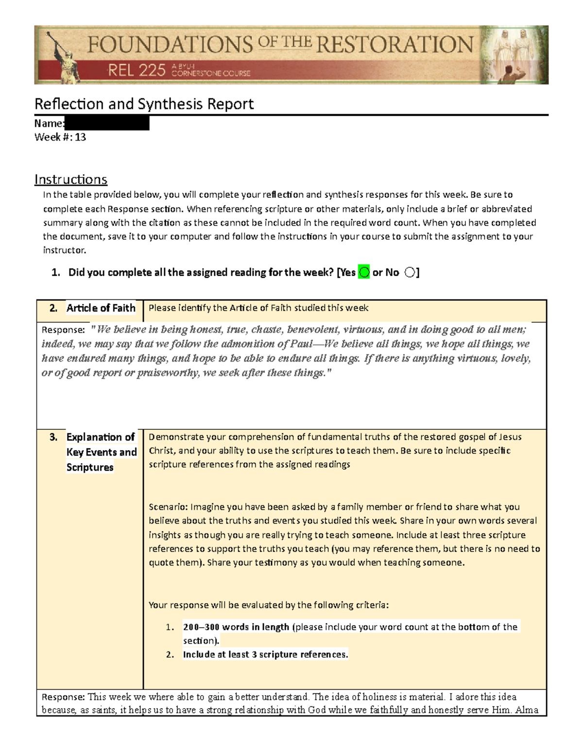 REL225C W13 Reflection And Synthesis - Reflection and Synthesis Report Name: Lauren Dulgarian ...