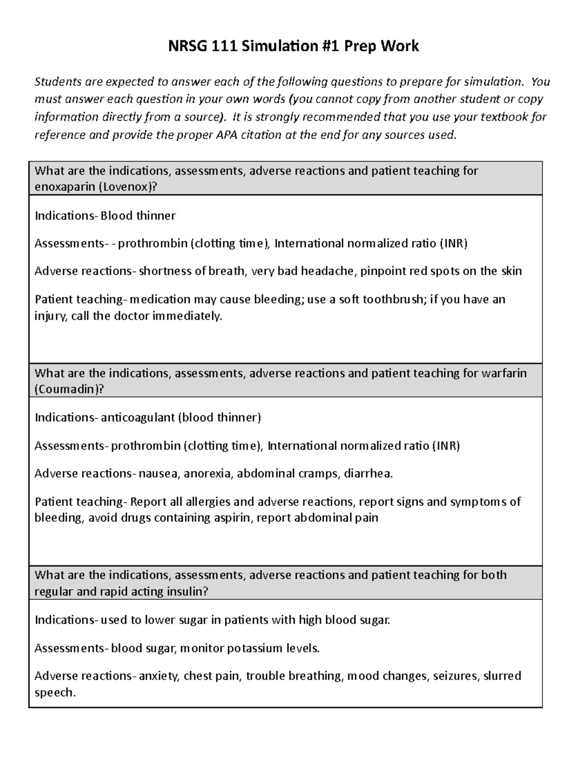 Pre-work for Sim 1 (1) - pre -simulation assignment - NRSG 111 Simulation #1 Prep Work Students ...