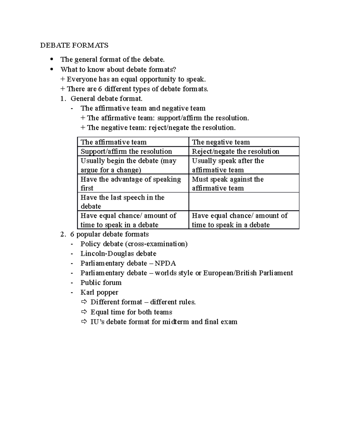 Debate- Formats - thuyết phản biện - DEBATE FORMATS The general format ...