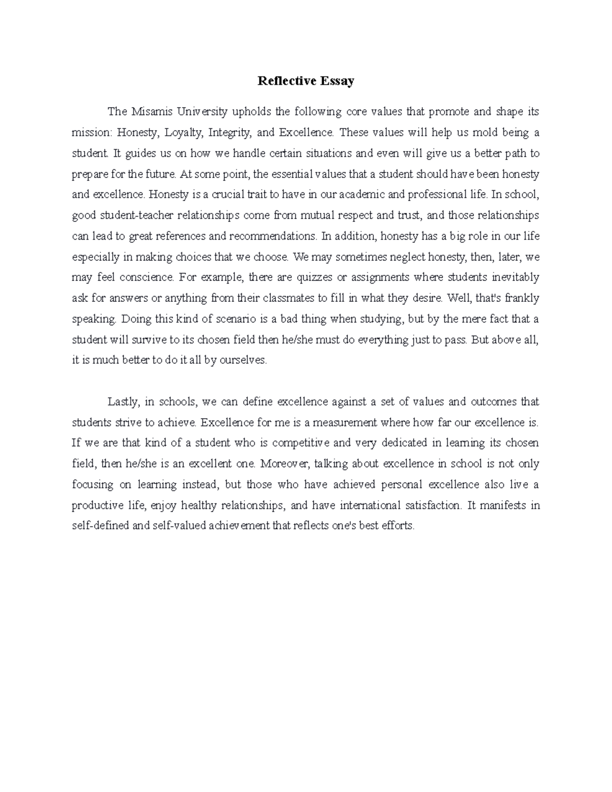 Reflective Essay - Reflective Essay The Misamis University upholds the ...