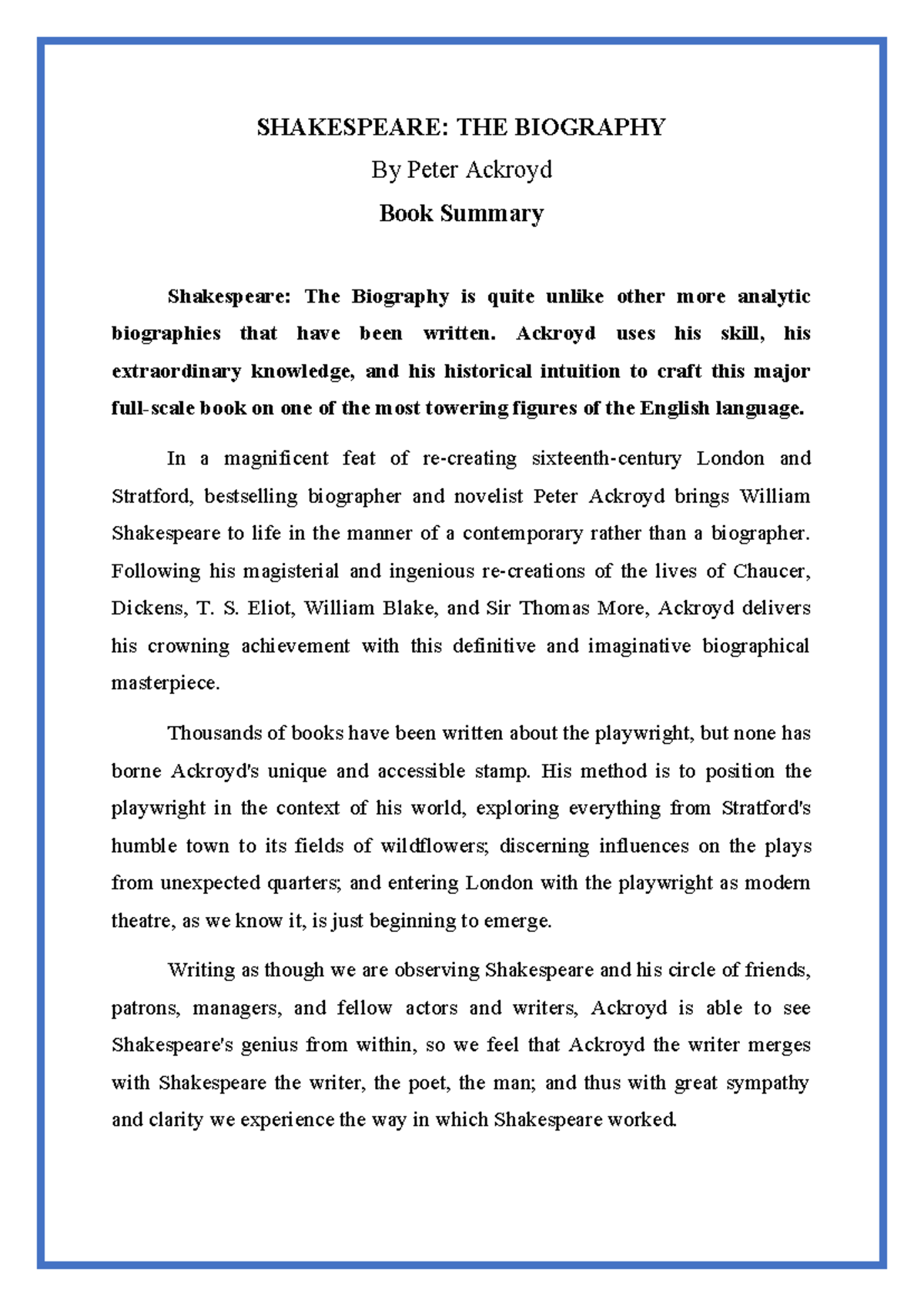 Shakespeare 011734 - Notes - SHAKESPEARE: THE BIOGRAPHY By Peter ...