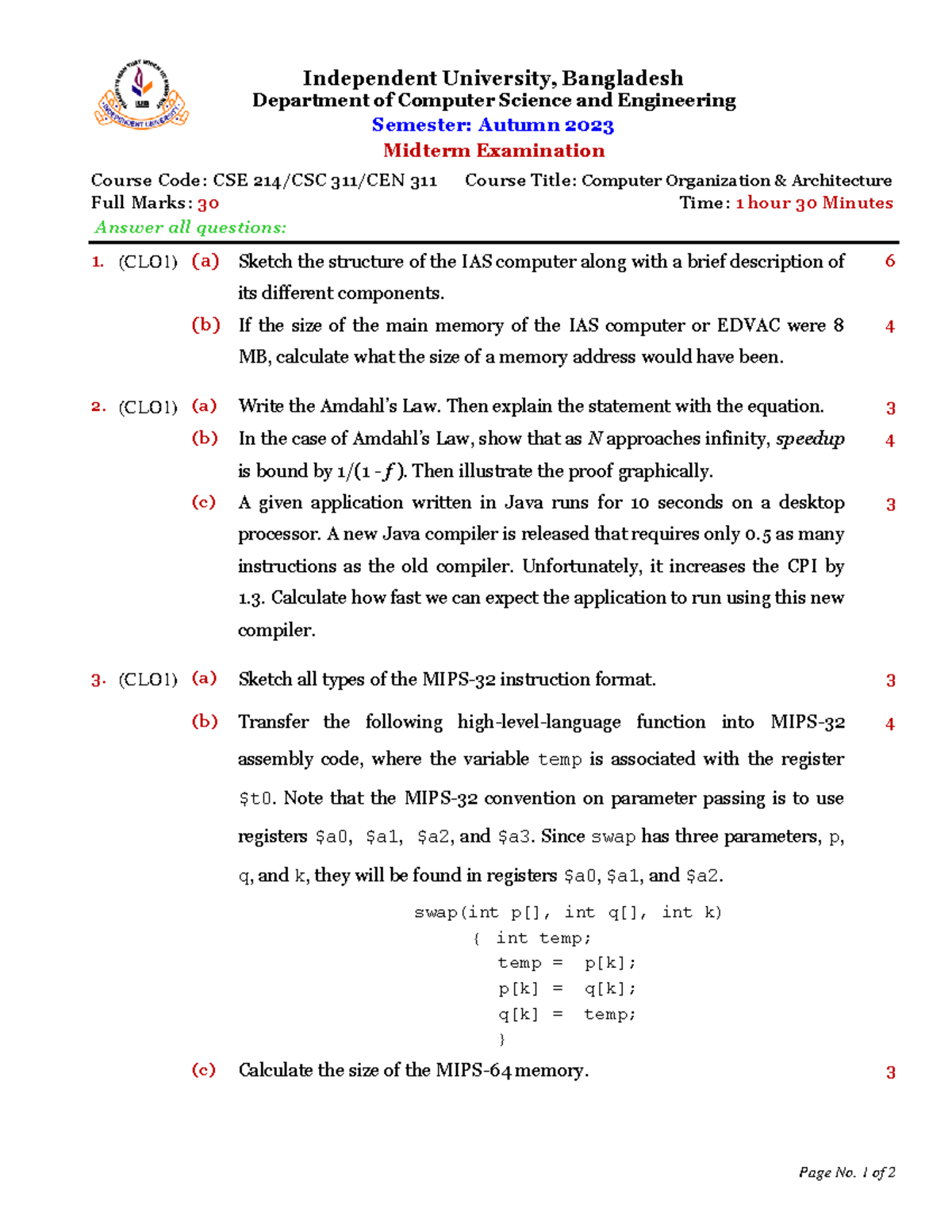Midterm Exam Cse 214 Computer Organization And Architecture Autumn 2023 Page No 1 Of 2 