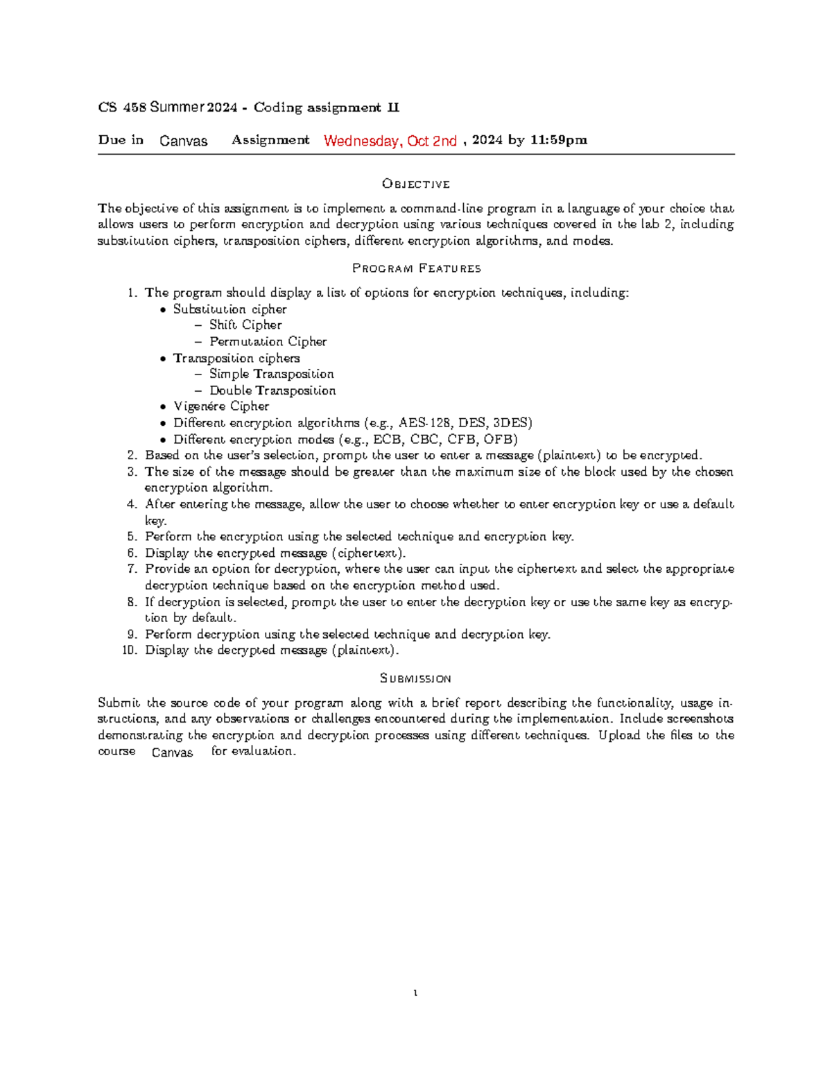 Assignment 2 - Program Features The program should display a list of options for encryption ...