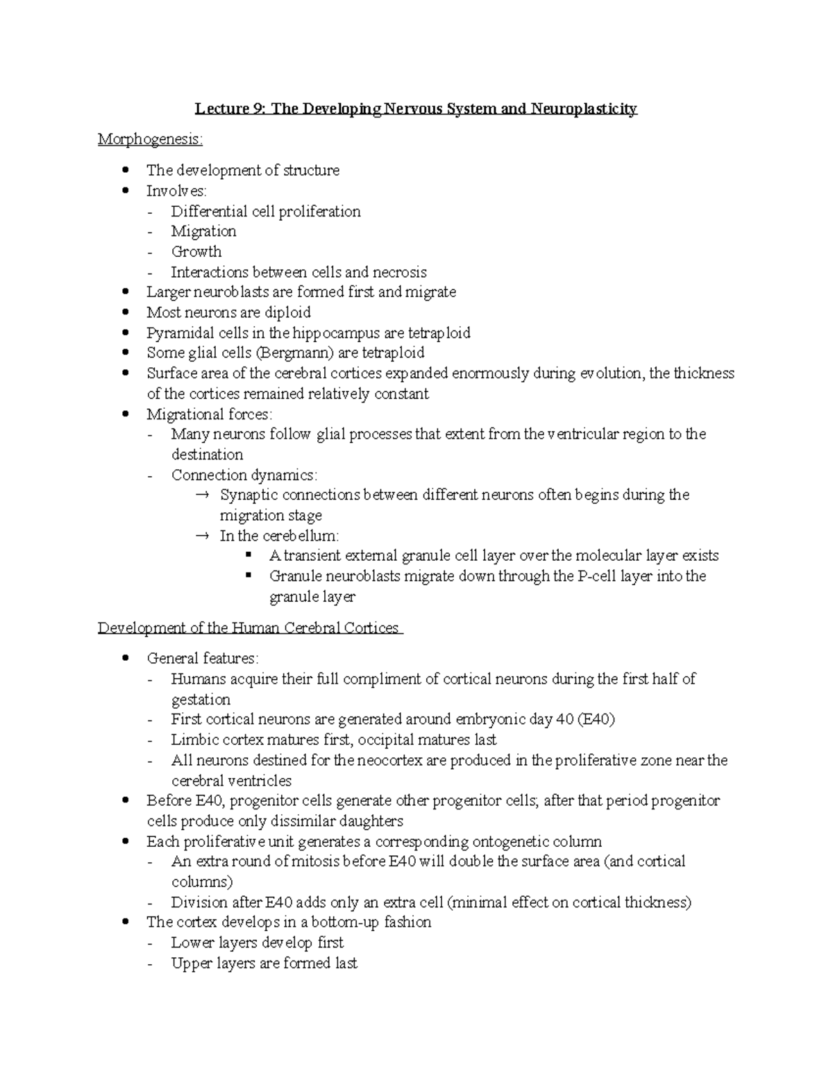 Lecture 9 Notes Lecture 9 The Developing Nervous System And