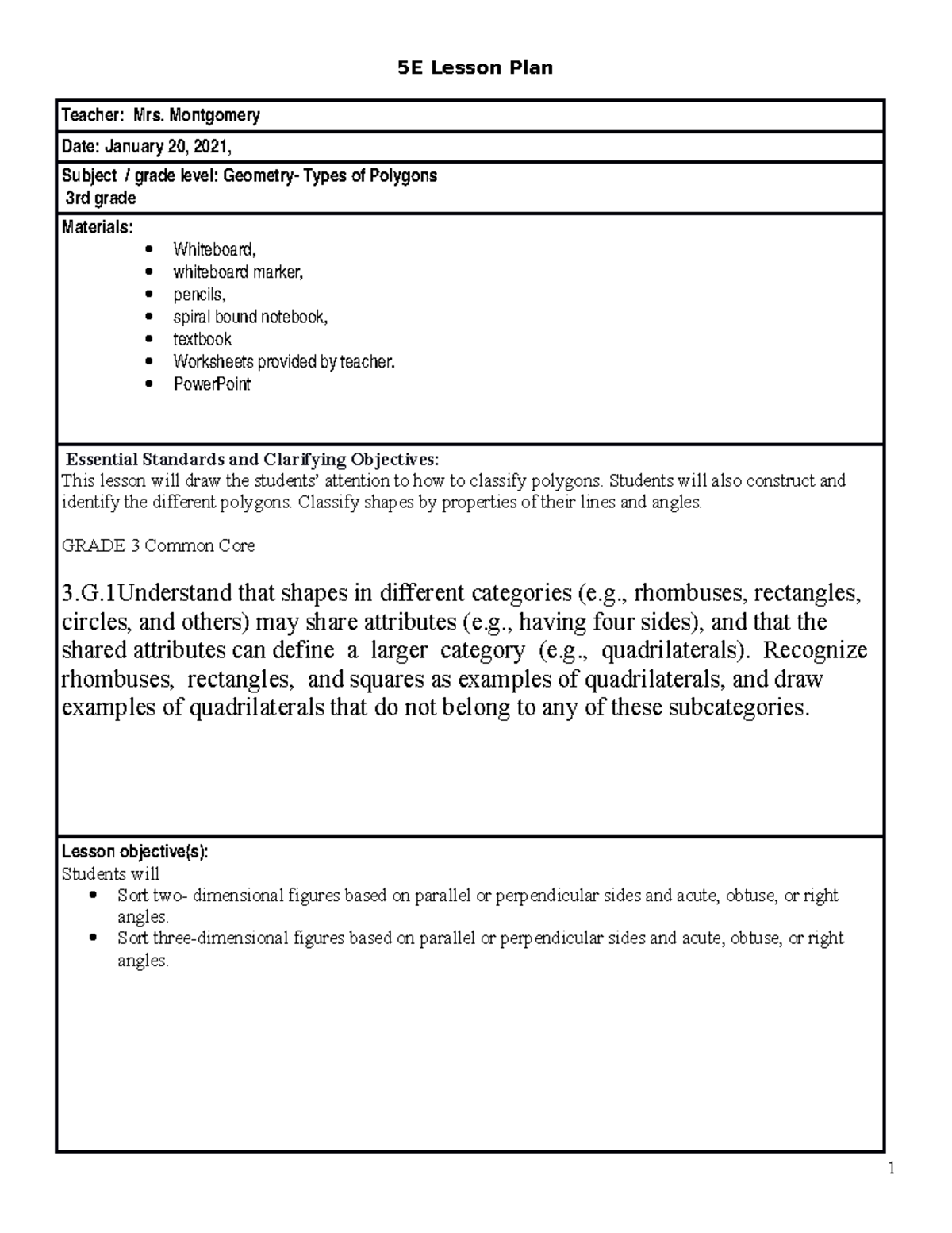 Final Lesson Plan - Math 151 - 5E Lesson Plan Teacher: Mrs. Montgomery ...