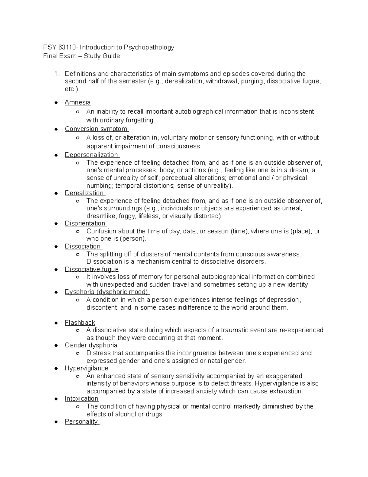2022 Psychopathology study guide - PSY 63110- Introduction to ...
