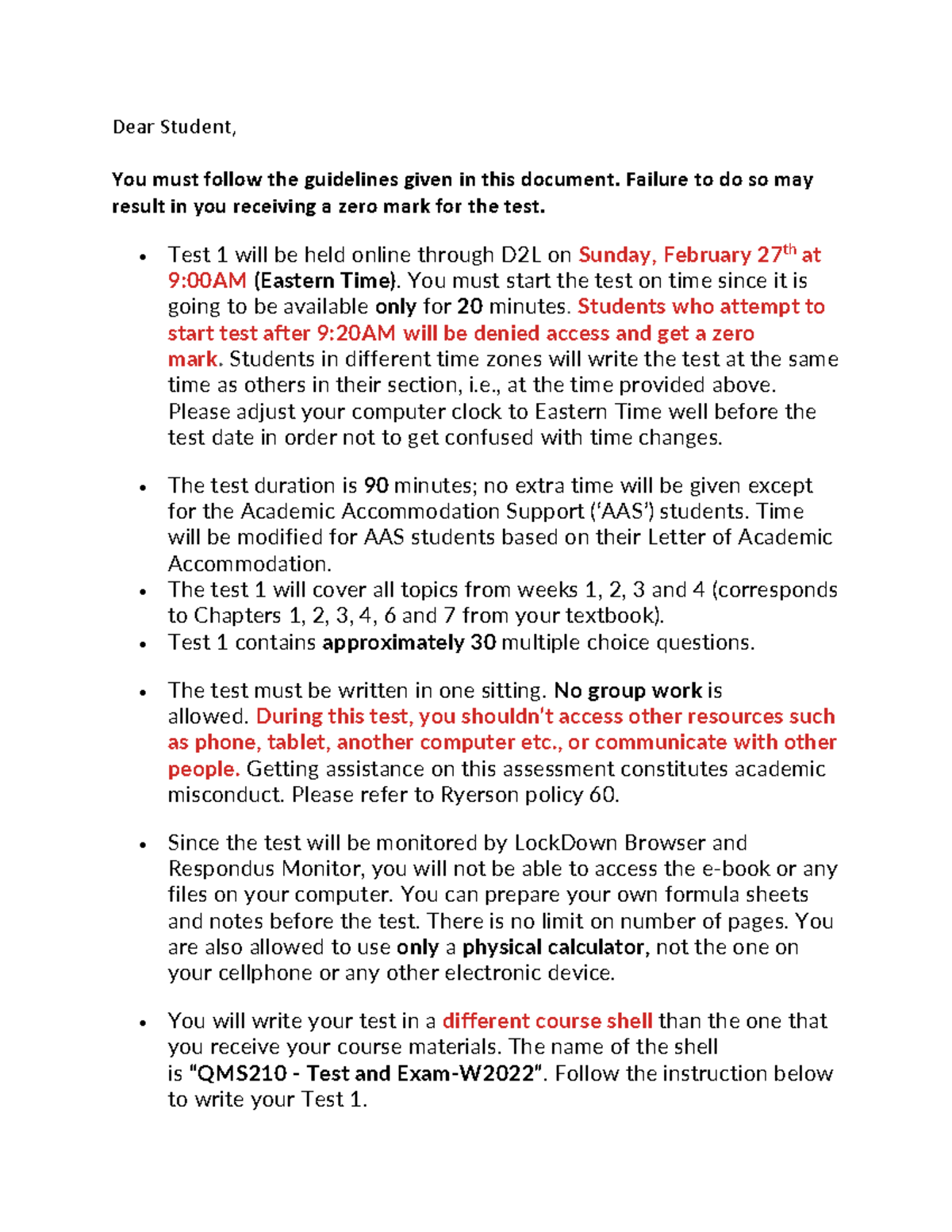 Test 1 Announcements. Final - Dear Student, You must follow the ...