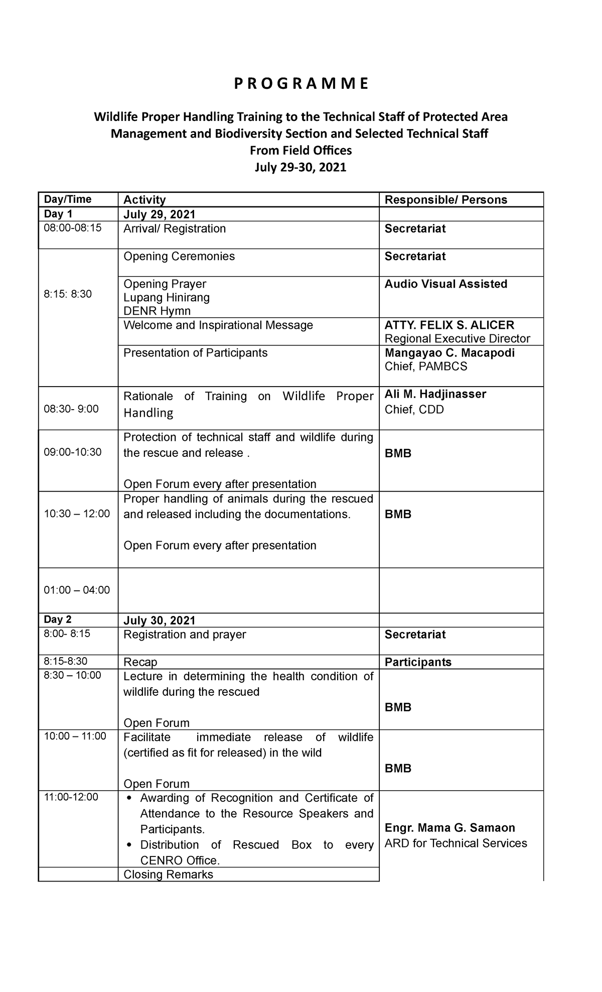 Training Program Wildlife Handling - P R O G R A M M E Wildlife Proper ...