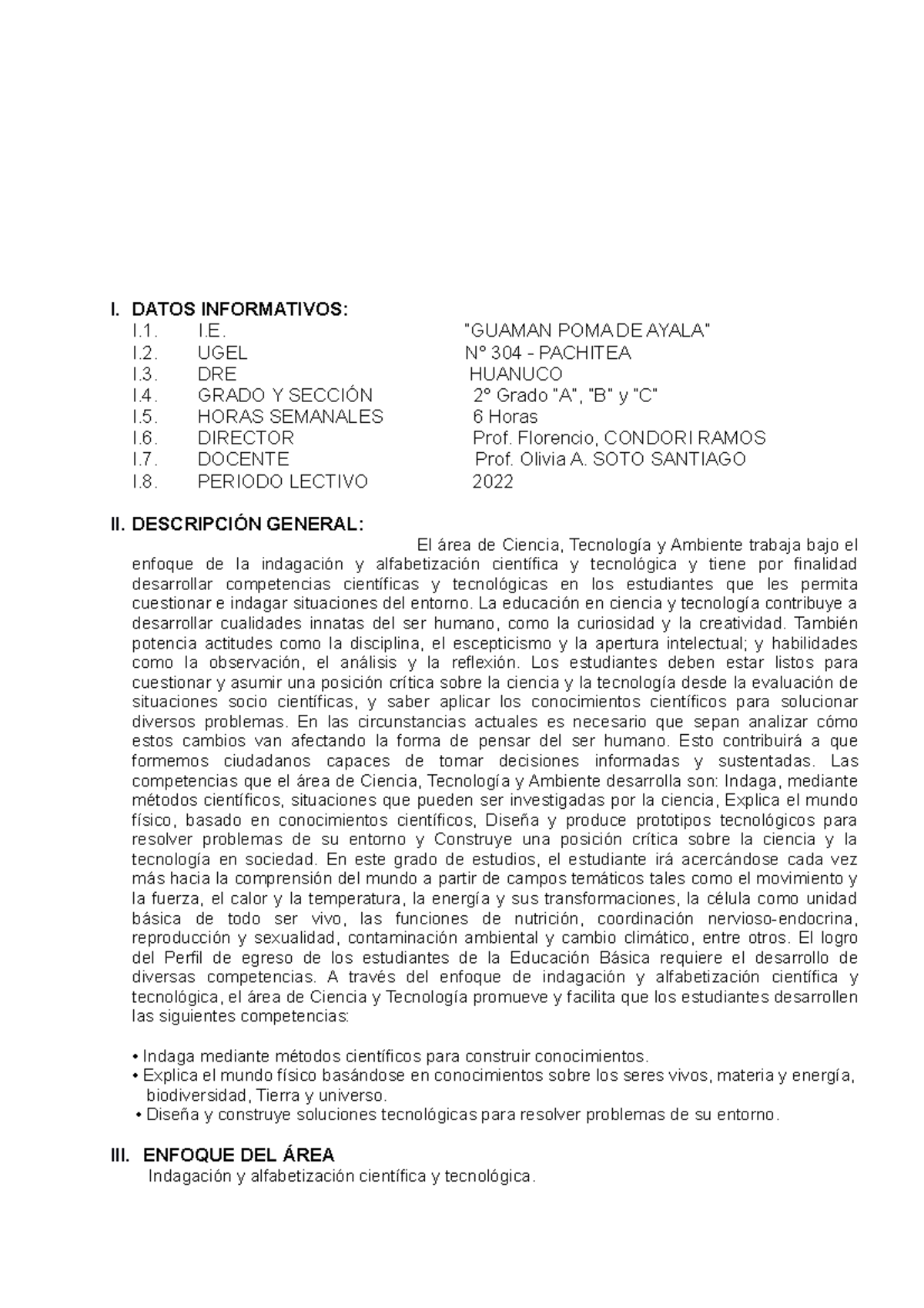 Avance - I. DATOS INFORMATIVOS: I. I. I. UGEL I. DRE I. GRADO Y SECCIÓN ...