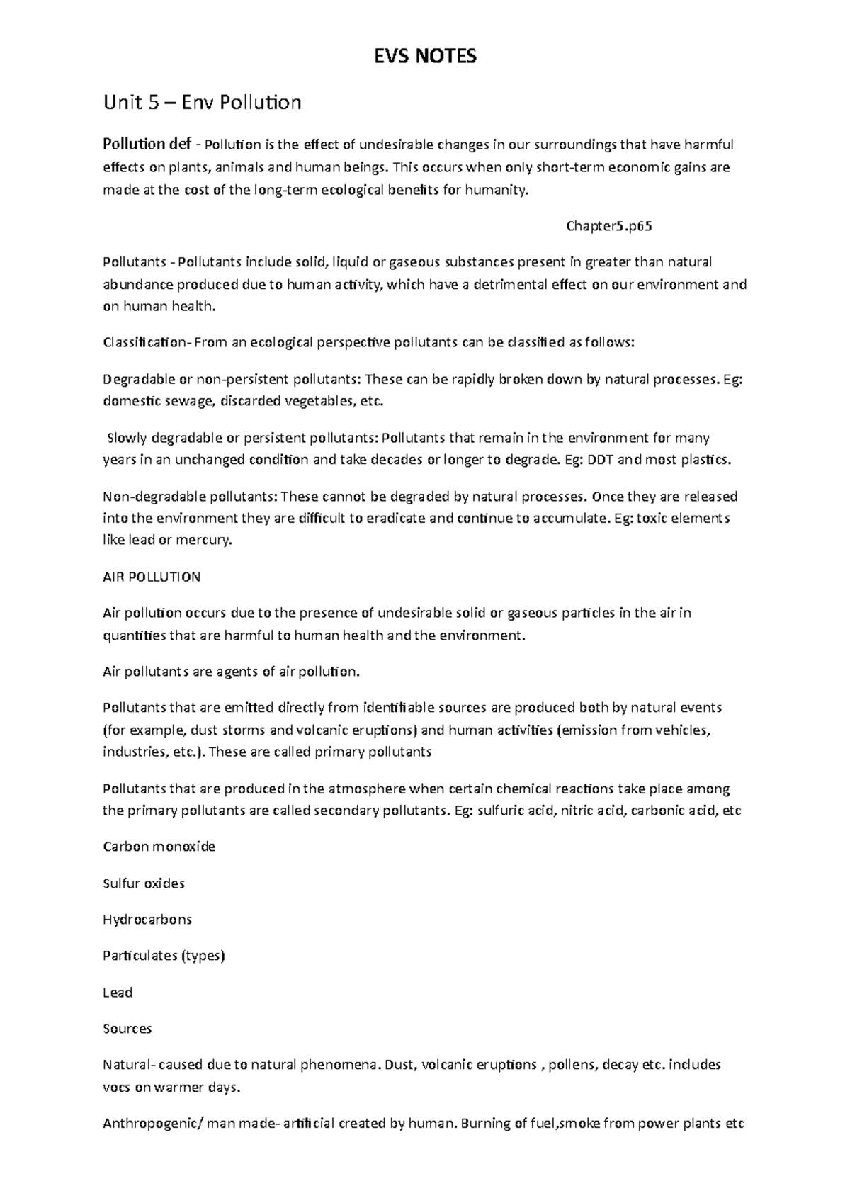 Ch 5 evs - rrfewrwr - EVS NOTES Unit 5 – Env Pollution Pollution def ...