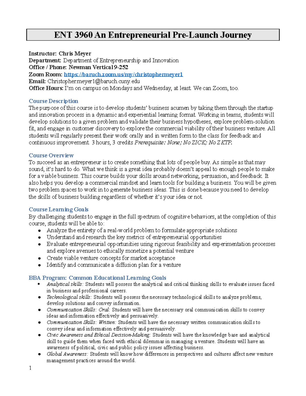 Syllabus - 3960 Fall 2023 ao 8-23 - ENT 3960 An Entrepreneurial Pre ...