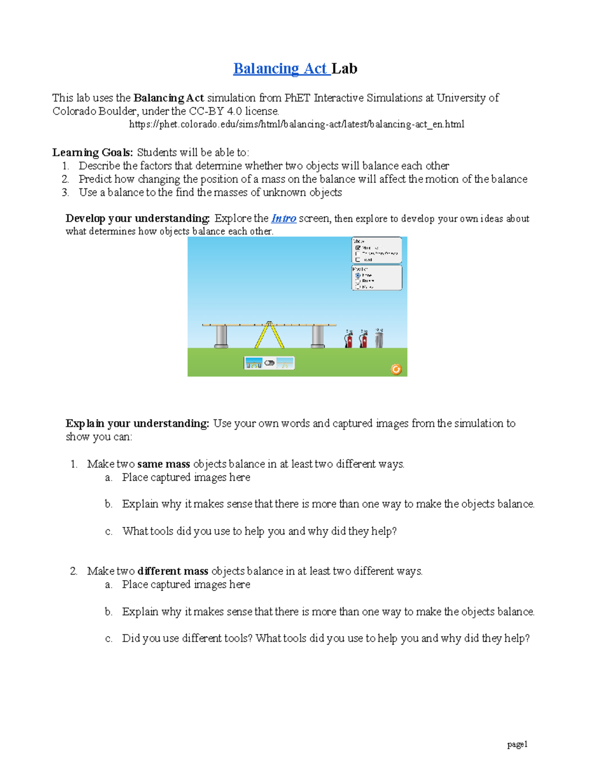 Balancing Act Phet Lab - yes - Balancing Act Lab This lab uses the ...