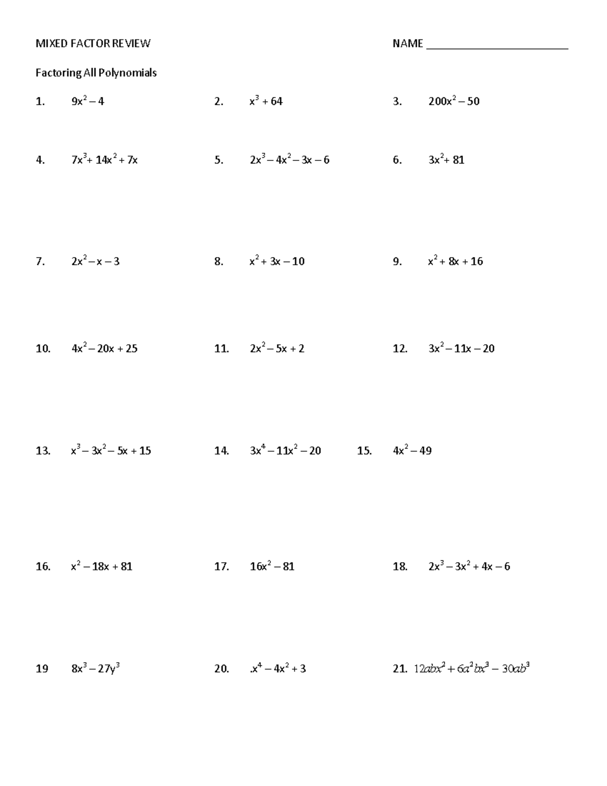 Mixed factoring review worksheet - MIXED FACTOR REVIEWFactoring All ...