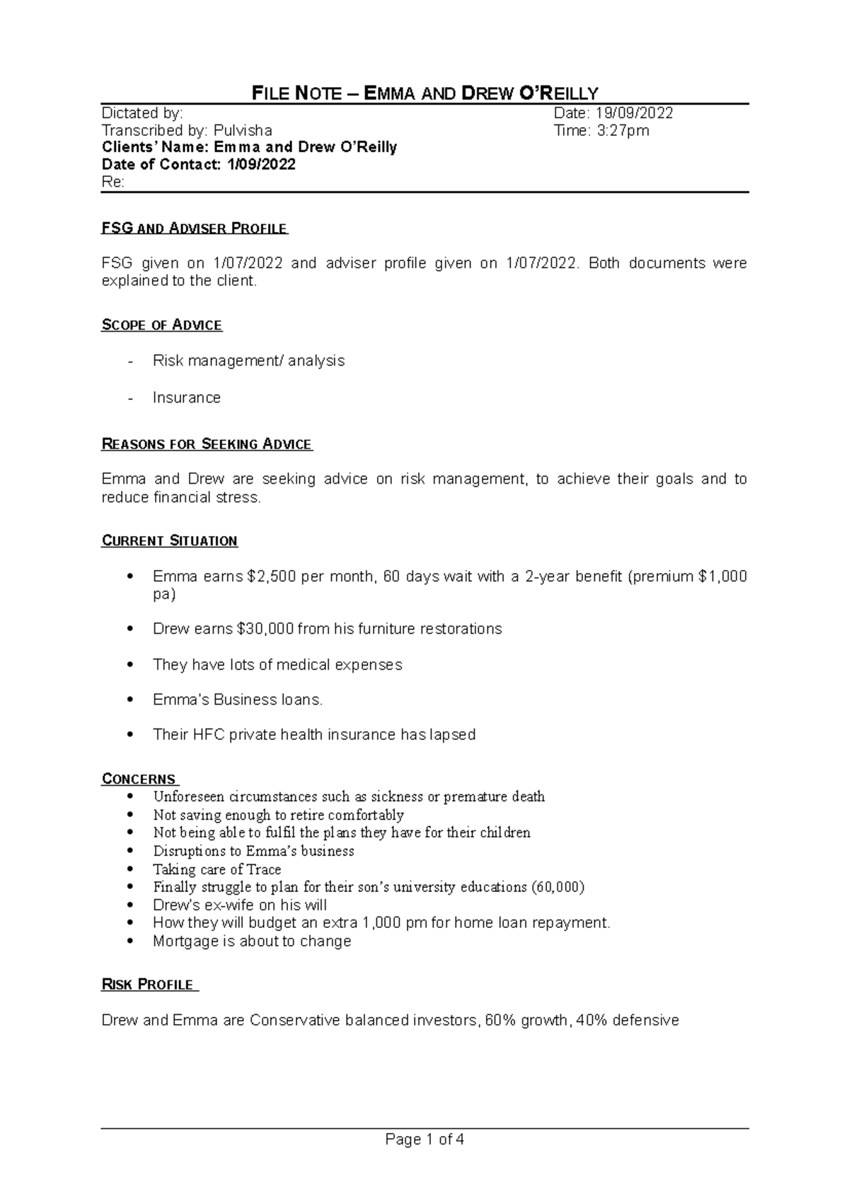 Module 8 case study risk management (student) - FILE NOTE – EMMA AND ...