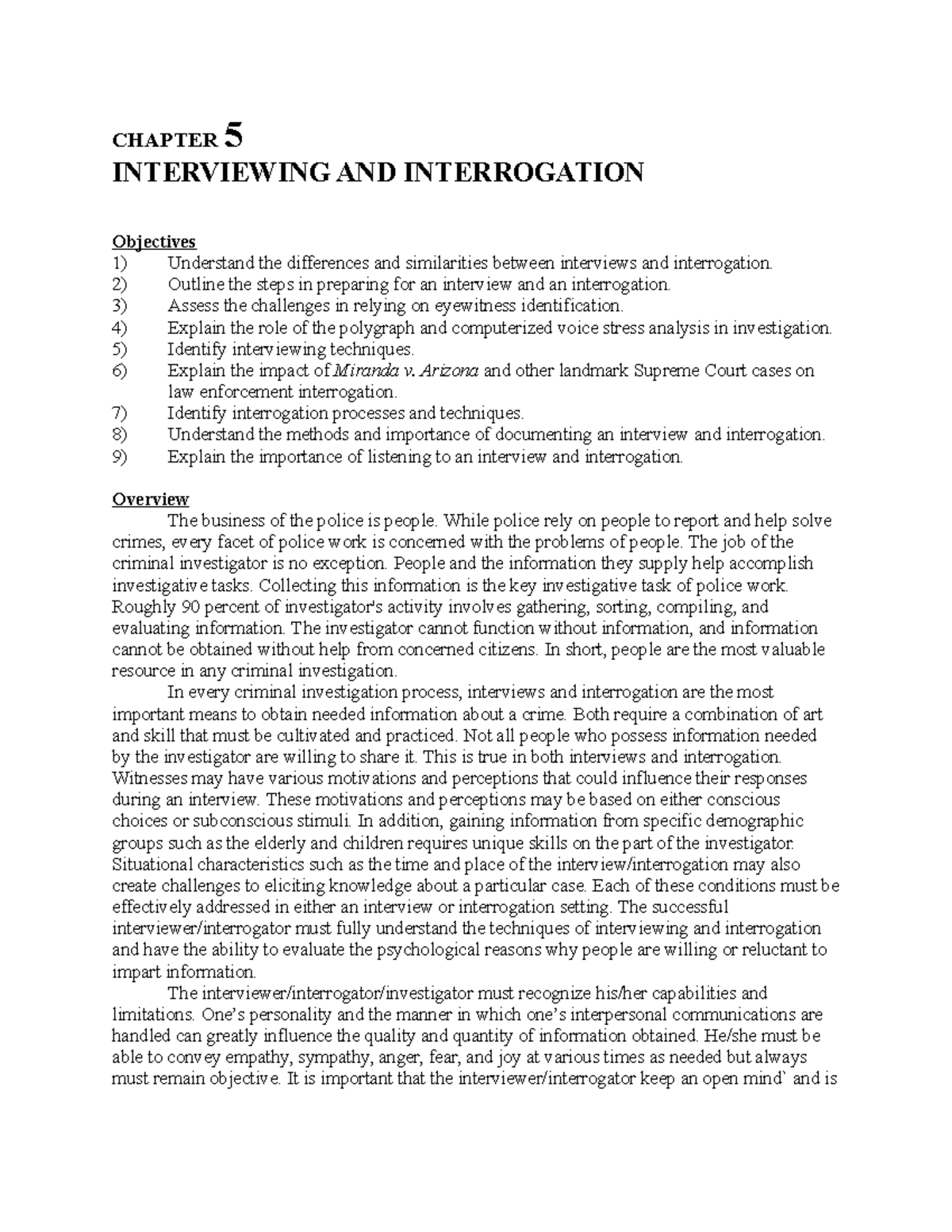 Lecture Chapter 5 Interviewing and Interrogation - CHAPTER 5 ...
