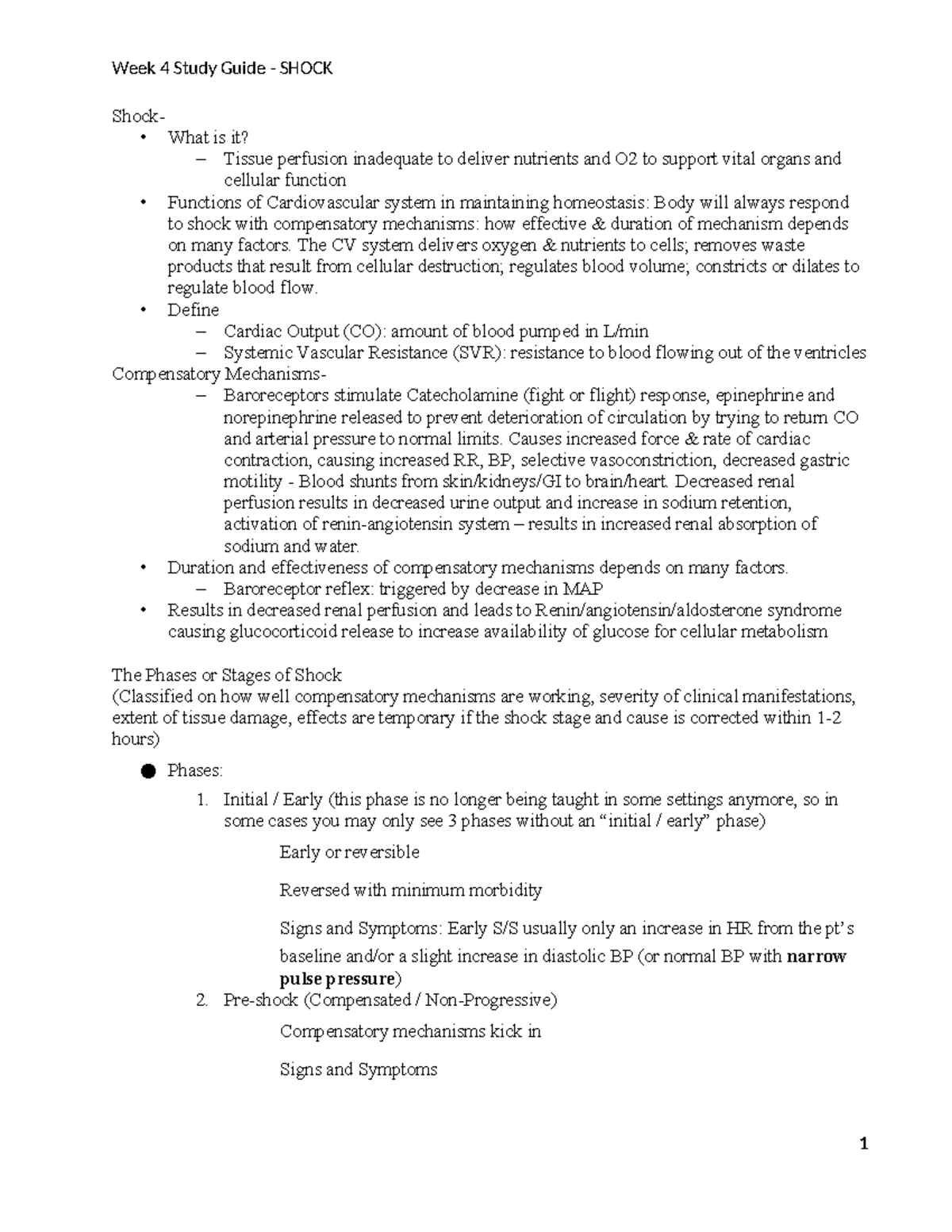 Week 4 study guide Shock - Shock- What is it? - Tissue perfusion ...