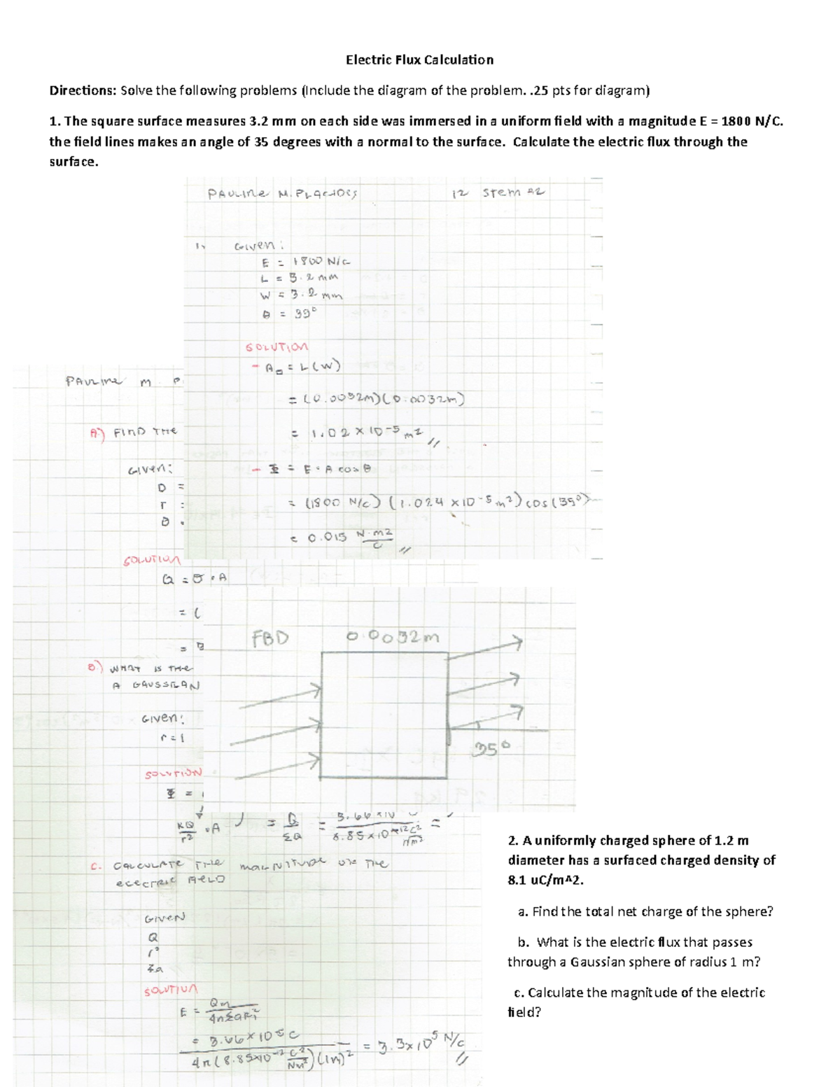 Electric Flux Calculation - Electric Flux Calculation Directions: Solve ...