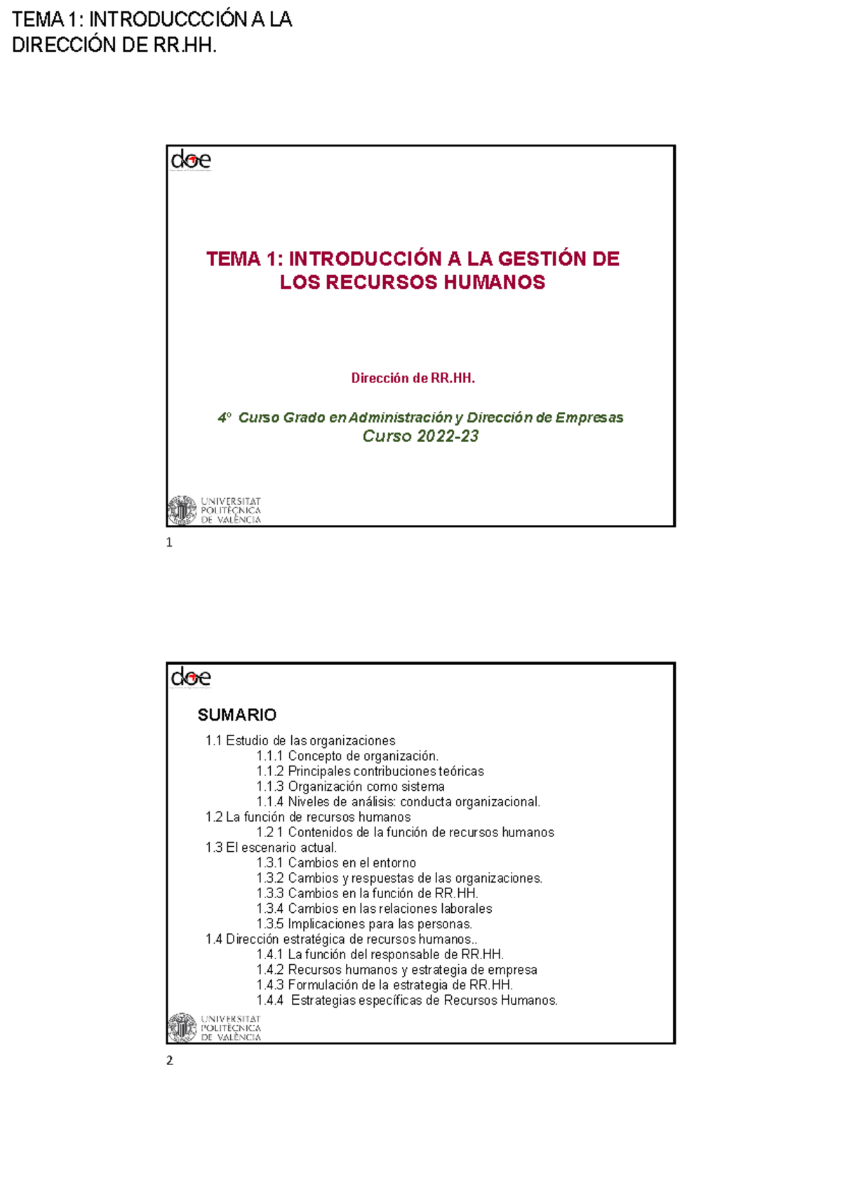 TEMA 1 IntroducióN A LA DireccióN DE RR - DIRECCI”N DE RR. TEMA 1: INTRODUCCI”N A LA GESTI”N DE ...