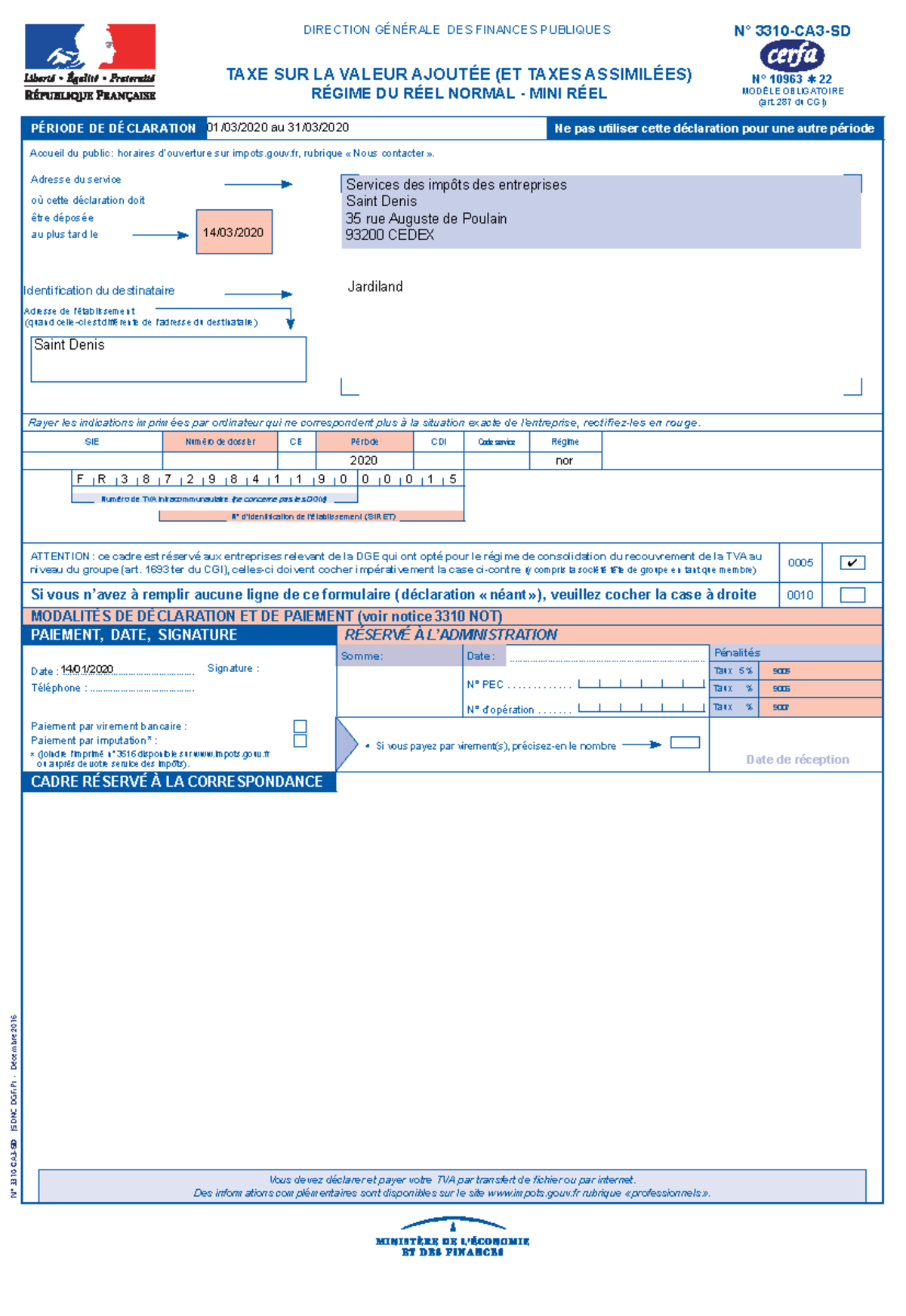 Declaration TVA 2 Controle - N° 3310 CA3-SD (SDNC-DGFiP) – Décembre ...