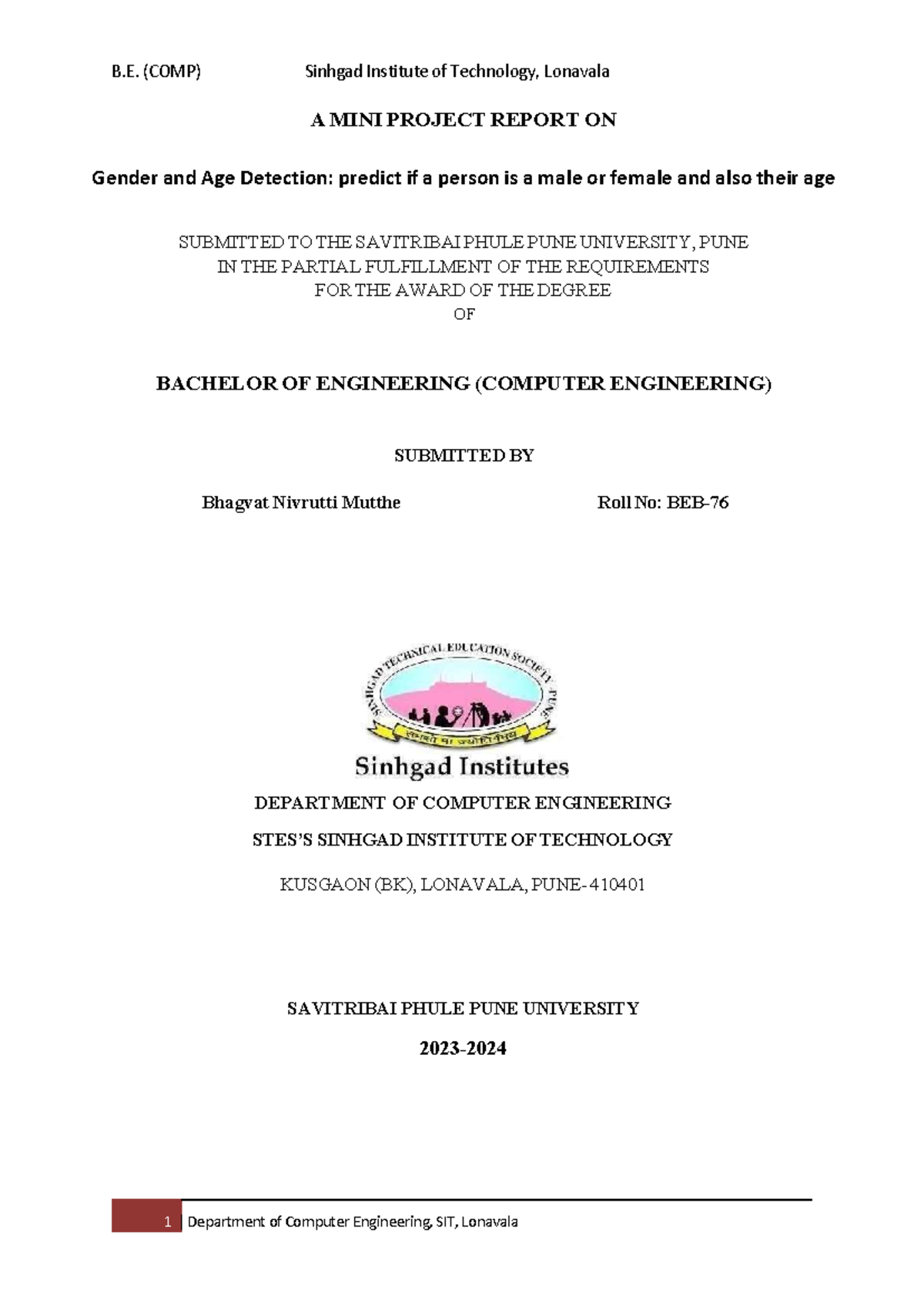 Mini Proj DL P - B. (COMP) Sinhgad Institute of Technology, Lonavala LP ...