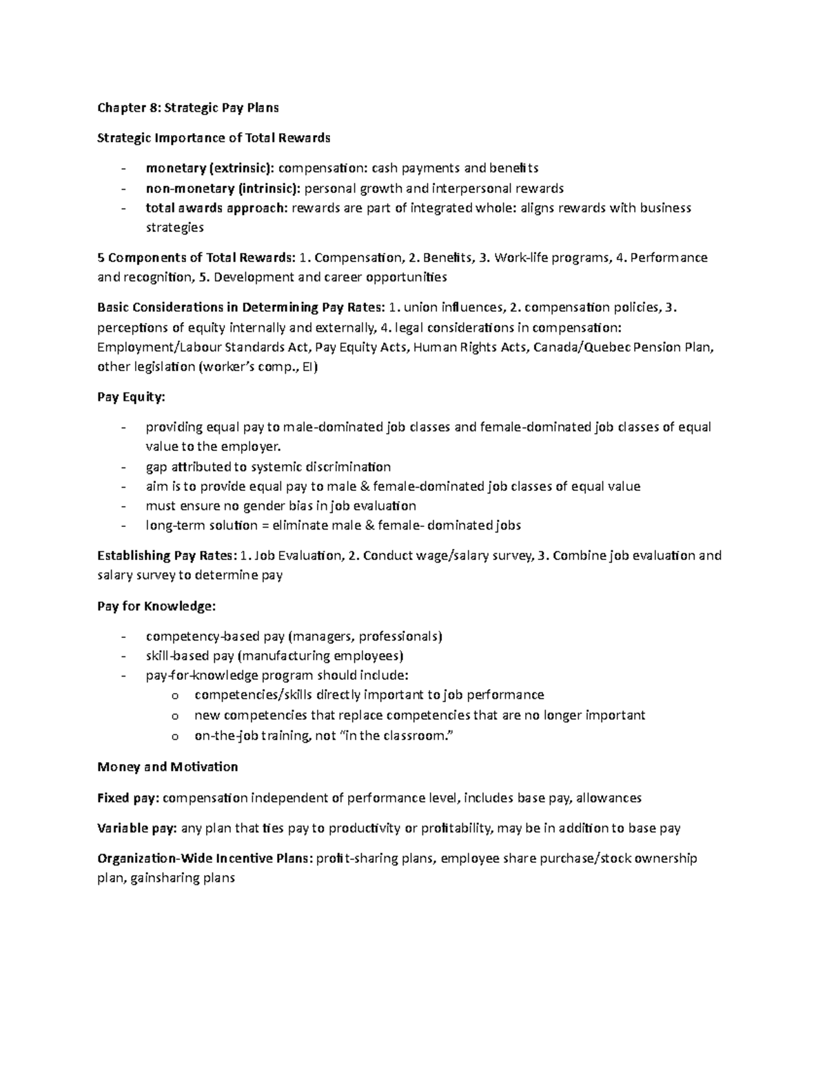 Human Resources Ch. 8 - Chapter 8: Strategic Pay Plans Strategic ...