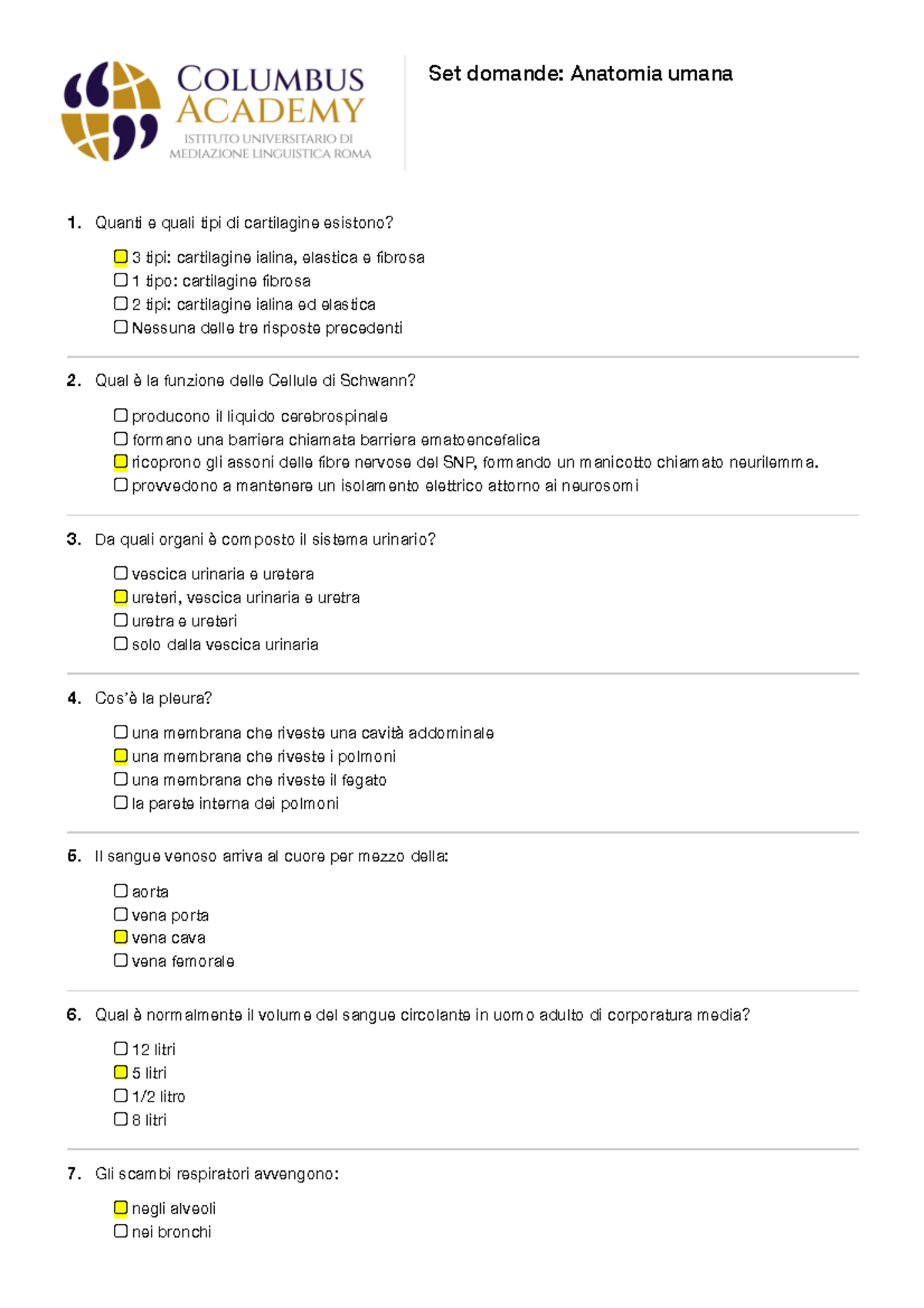 Anatomia umana - Set completo e corretto di domande a risposta chiusa ...