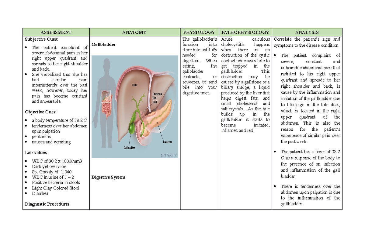 Acute calculous cholecystitis SIC - ASSESSMENT ANATOMY PHYSIOLOGY ...