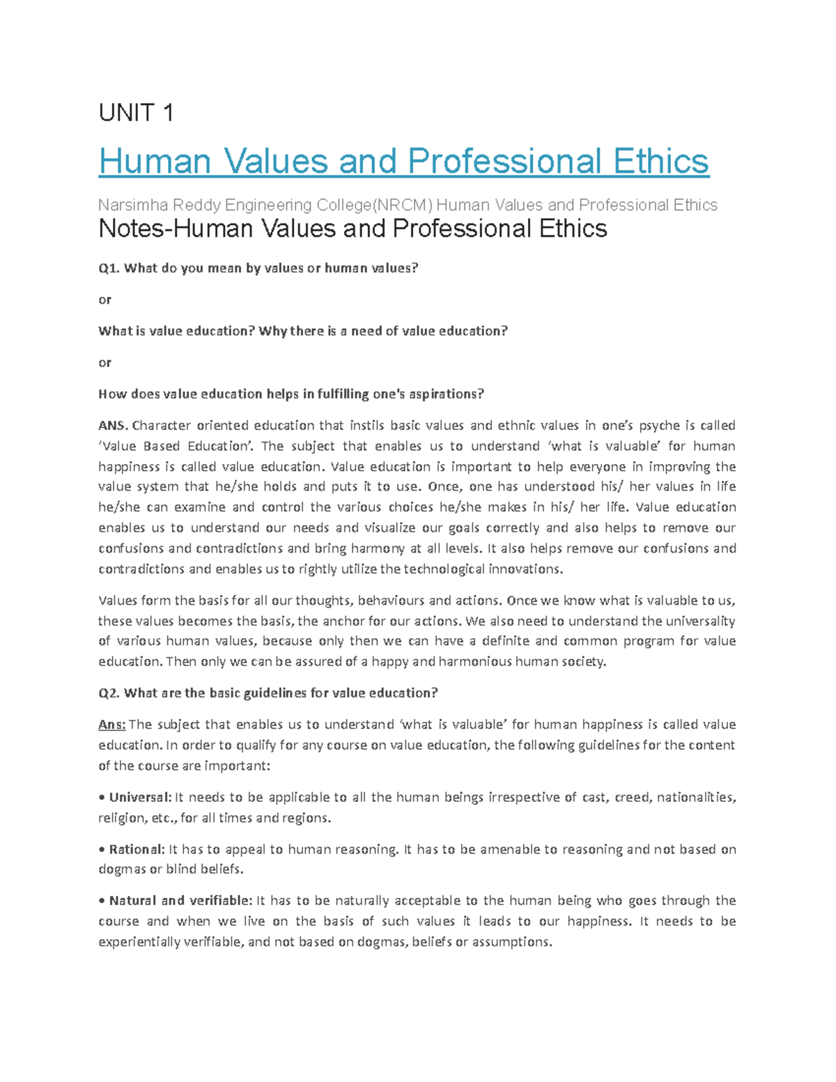 Human Values and Professional Ethics Uni 1 - UNIT 1 Human Values and ...