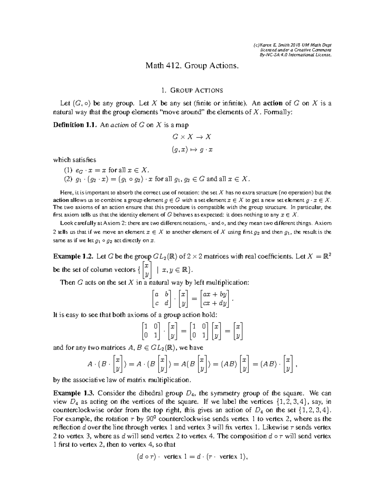412Supplement Group Actions 2018 - (c)Karen E. Smith 2018 UM Math Dept ...